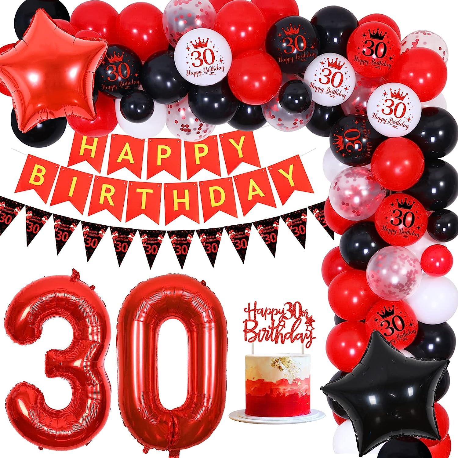 30th Birthday Decorations for Men Women Red Black and White, 30th Happy ...