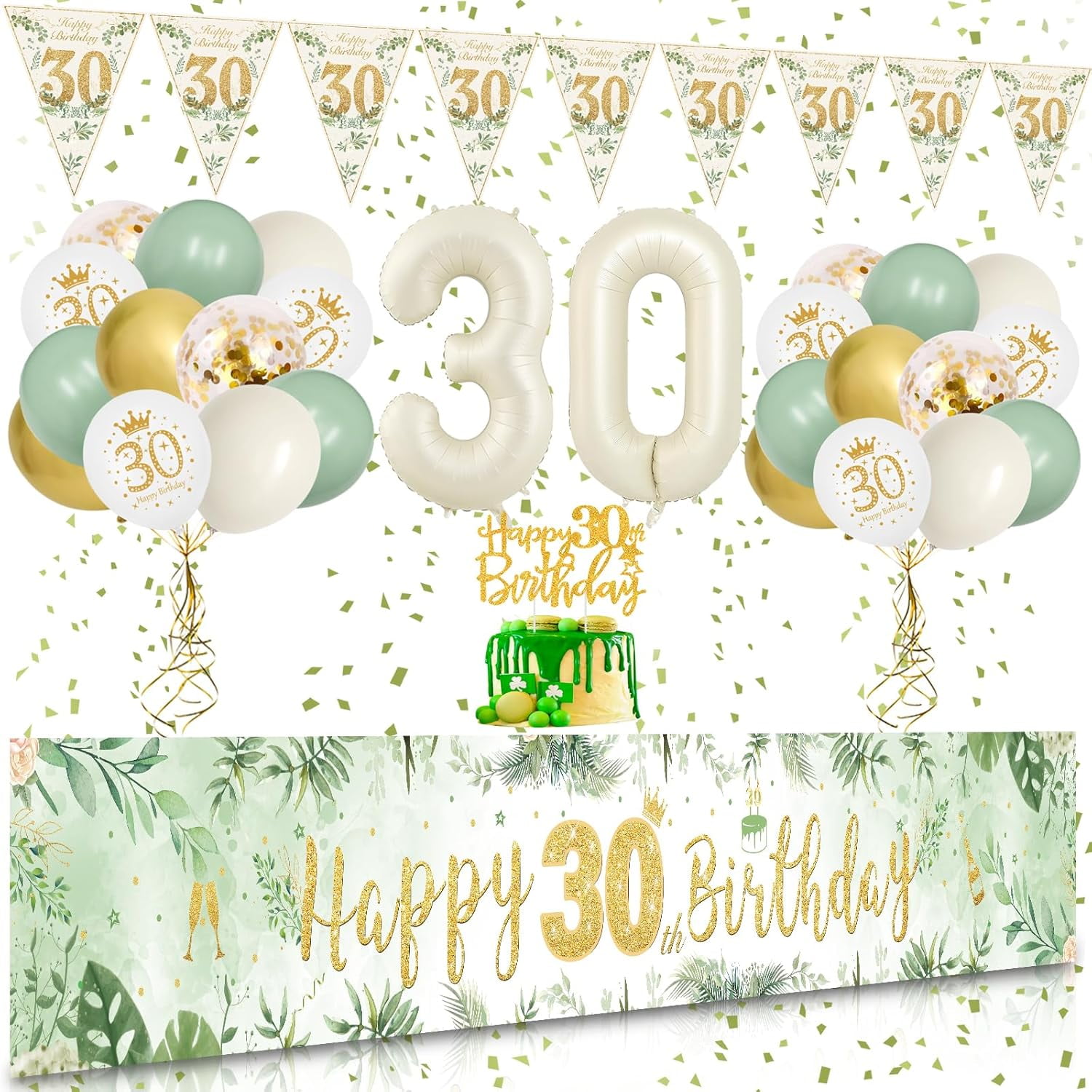 30th Birthday Decorations for Women, Green Gold 30th Birthday Party Kit ...