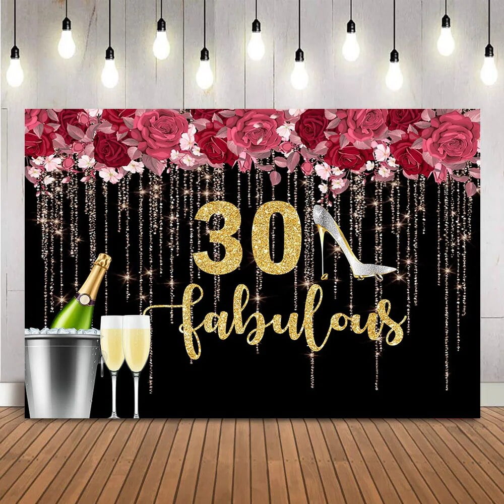 30th Birthday Fabulous Backdrop for Photography Black Red Flowers Photo ...