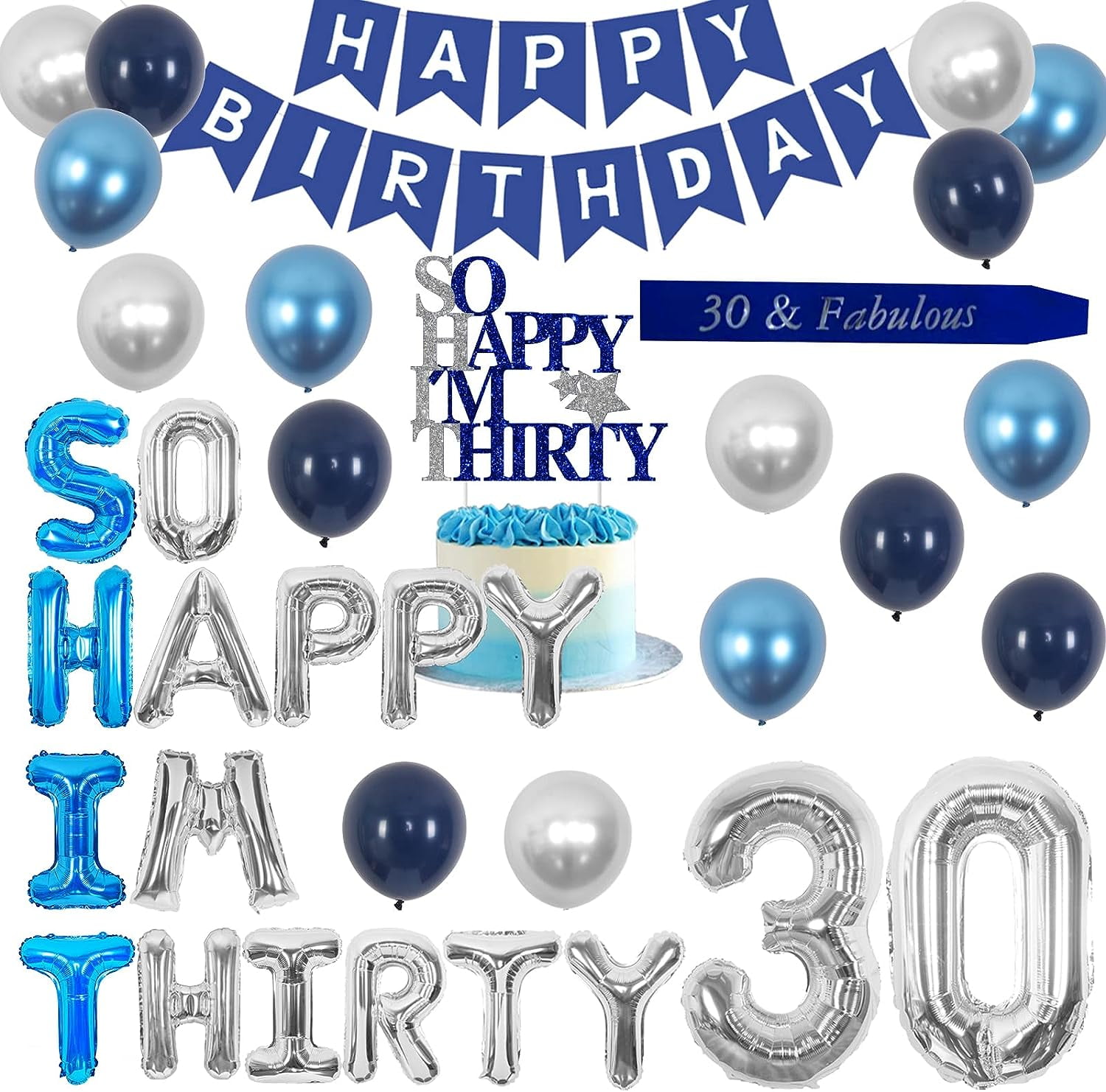30th Birthday Party Decorations Blue and Silver Men - So Happy I’m ...