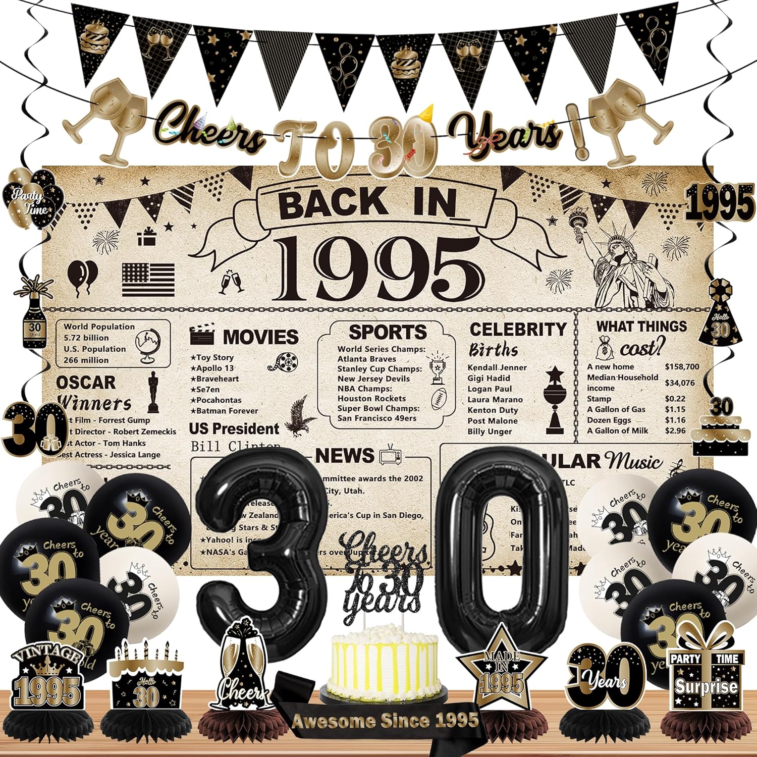30th Birthday Party Decorations for Men Women, Vintage Back in 1995 ...
