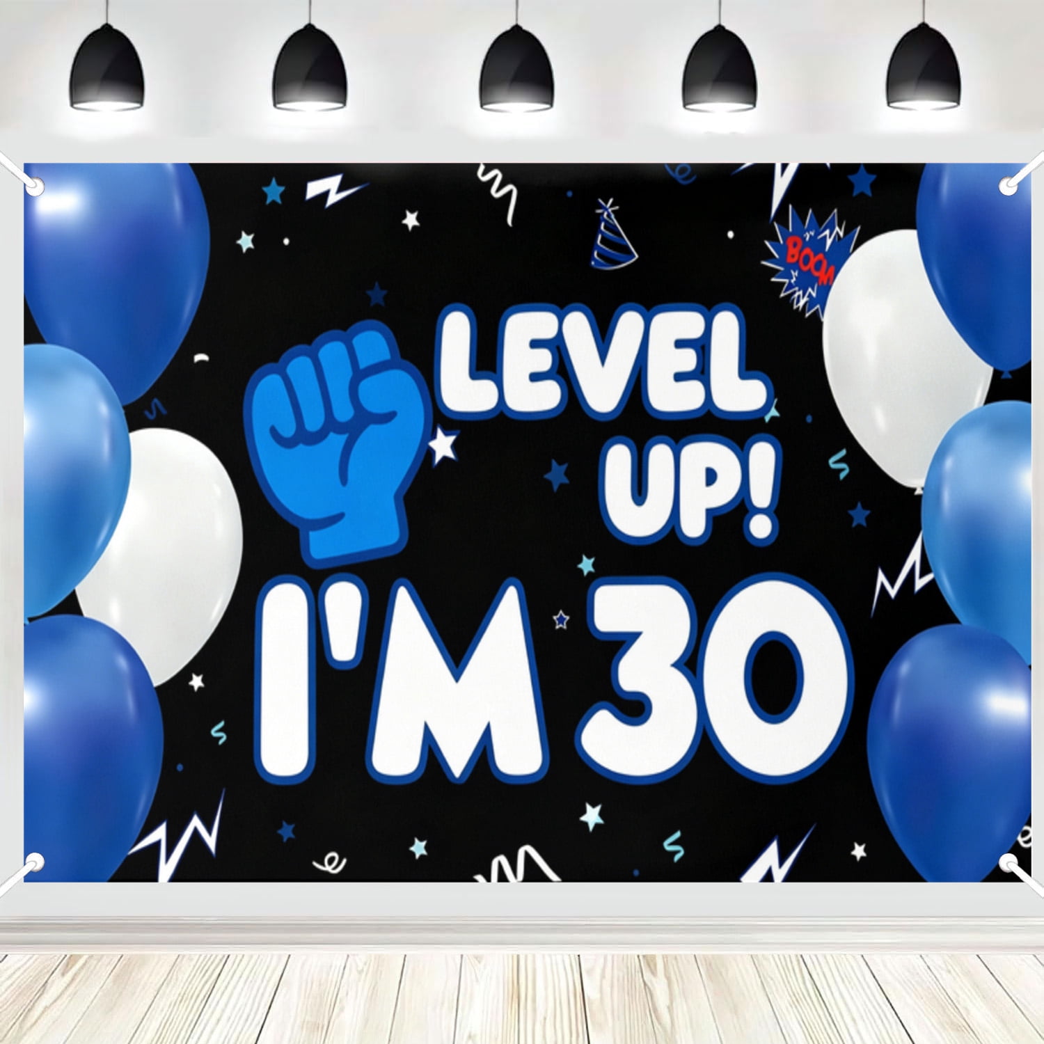 30th Birthday Polyester Backdrop, Black Blue Gaming Style Party Photo ...