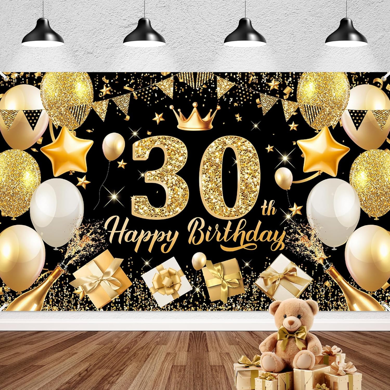 30th Black Gold Happy Birthday Banner Backdrops Decoration, 30th ...