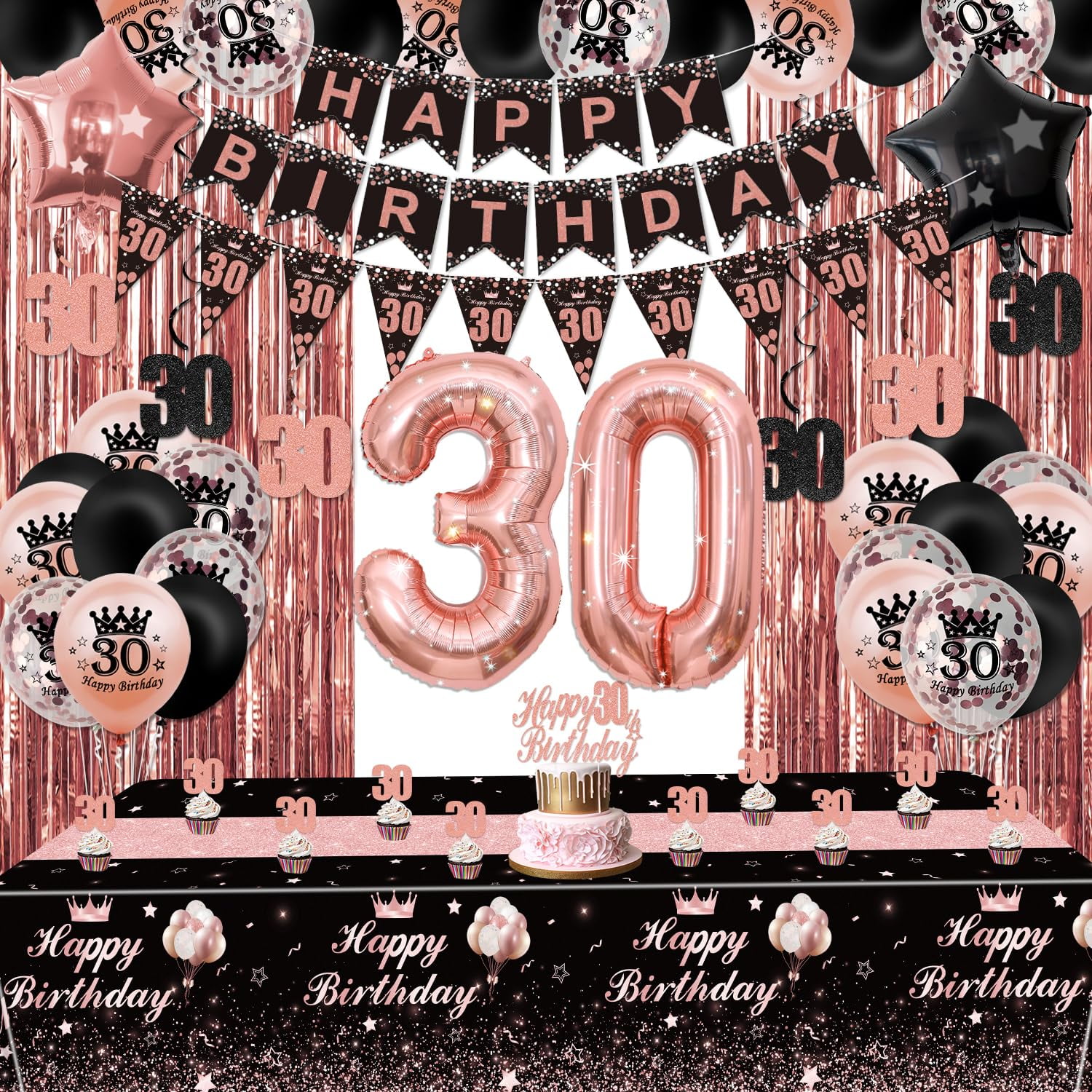 30th Black and Rose Gold Party Decorations - Happy Banner, Pennant ...