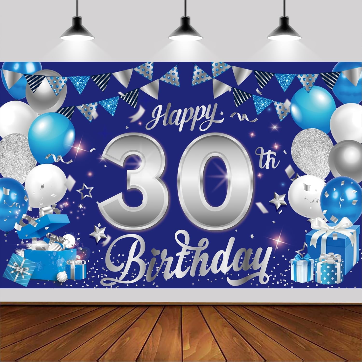 30th Blue and Silver Birthday Backdrop,Blue Silver Happy Birthday ...