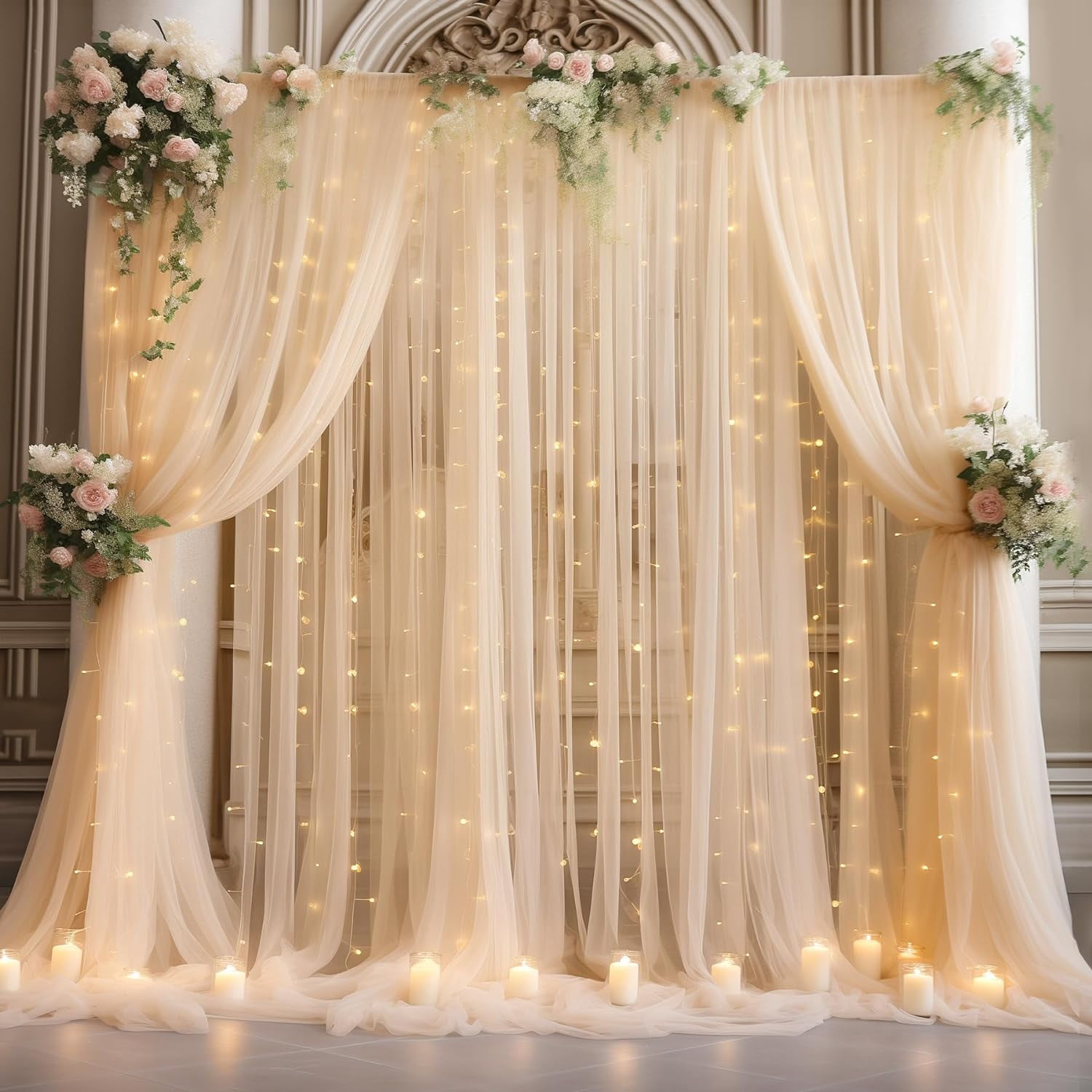 30x10ft Champagne Tulle Backdrop Curtain with Lights String for Parites ...