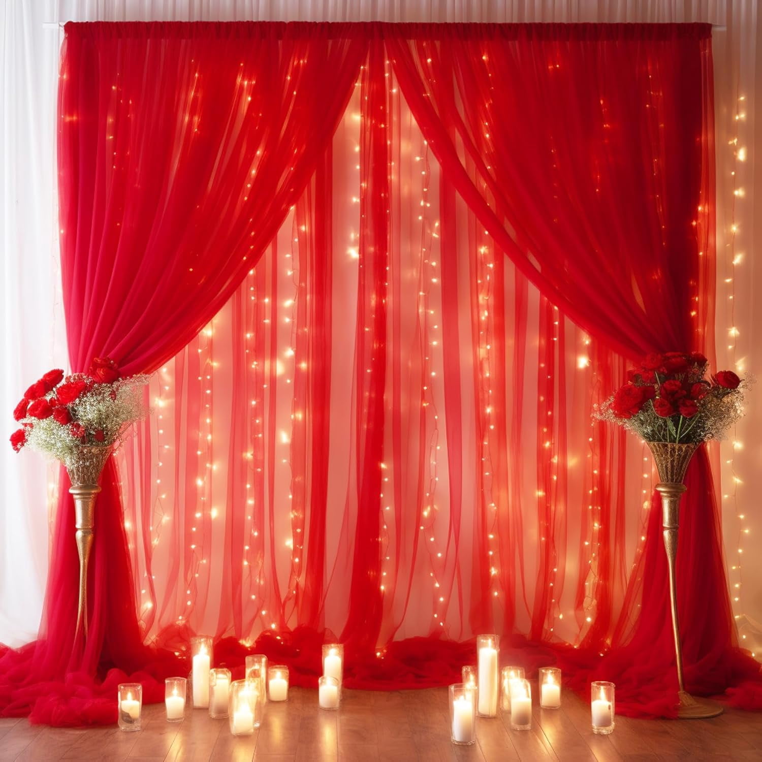 30x10ft Red Tulle Backdrop Curtain with Lights String for Parites ...
