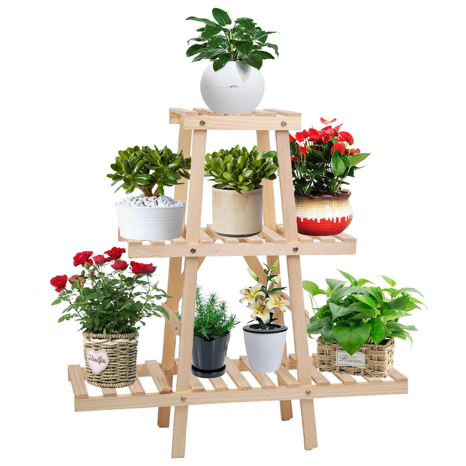 30x10x30in 3-Tier Wooden Plant Stand Multi-tier Triangle Ladder Plant ...