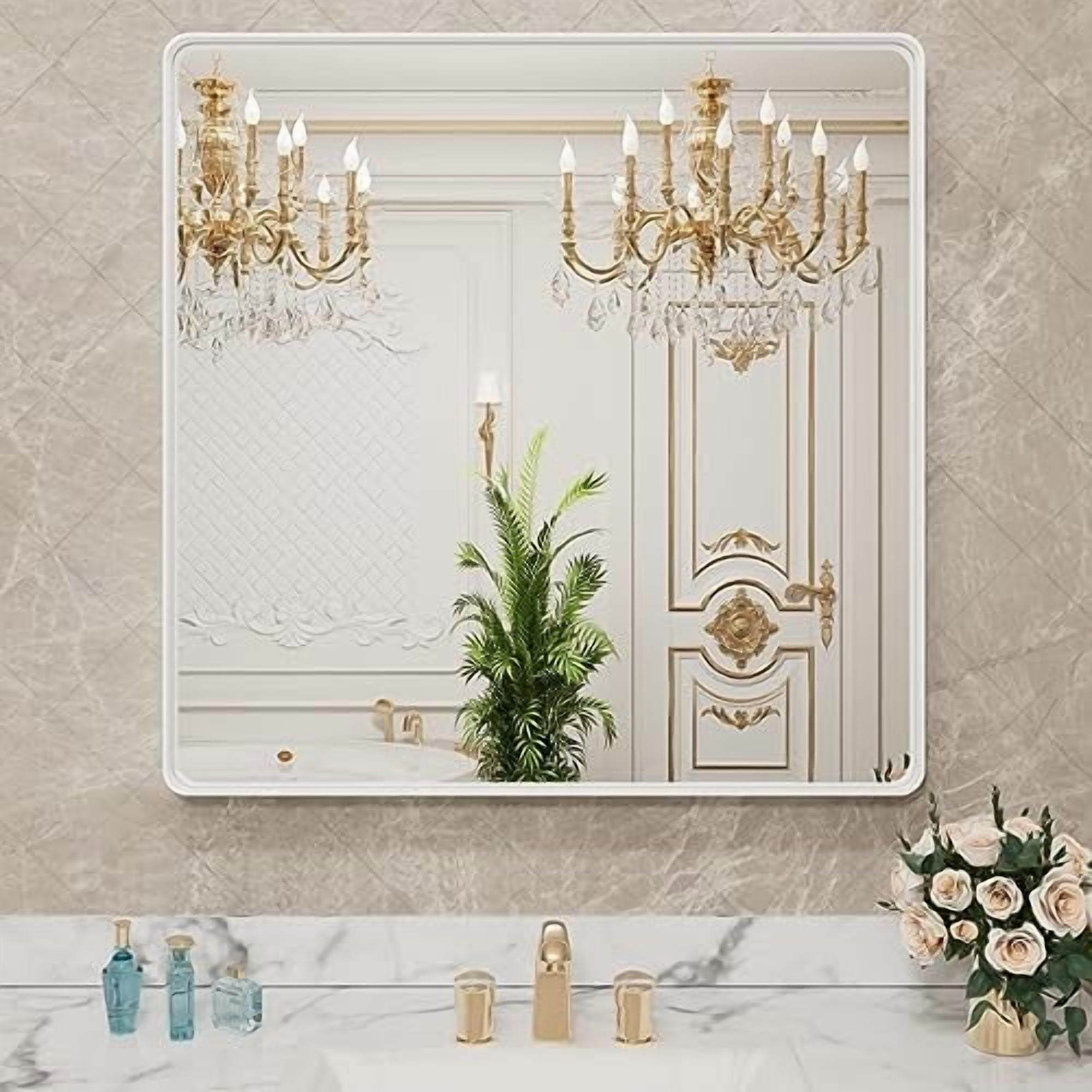 30x30 Inch White Metal Framed Bathroom Mirror for Wall, White Bathroom ...