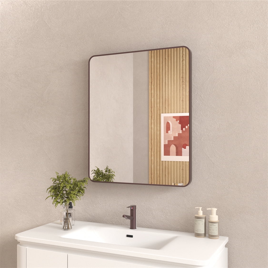 30x36 In. Aluminum Framed Rounded Rectangle Bathroom Wall Mirror, Oil ...