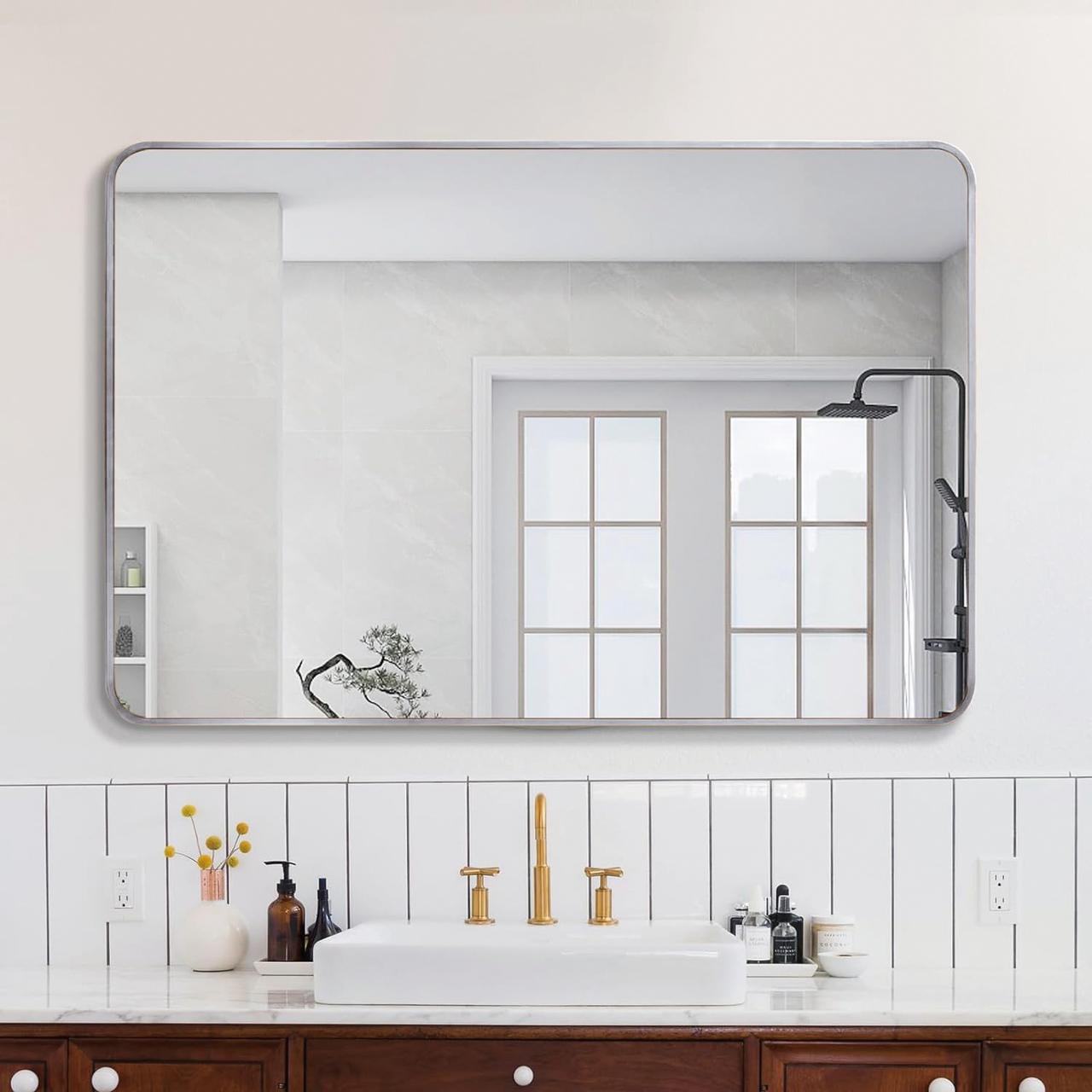 30x40 Inch Silver Metal Framed Rectangular Rectangular Bathrrom Mirror ...