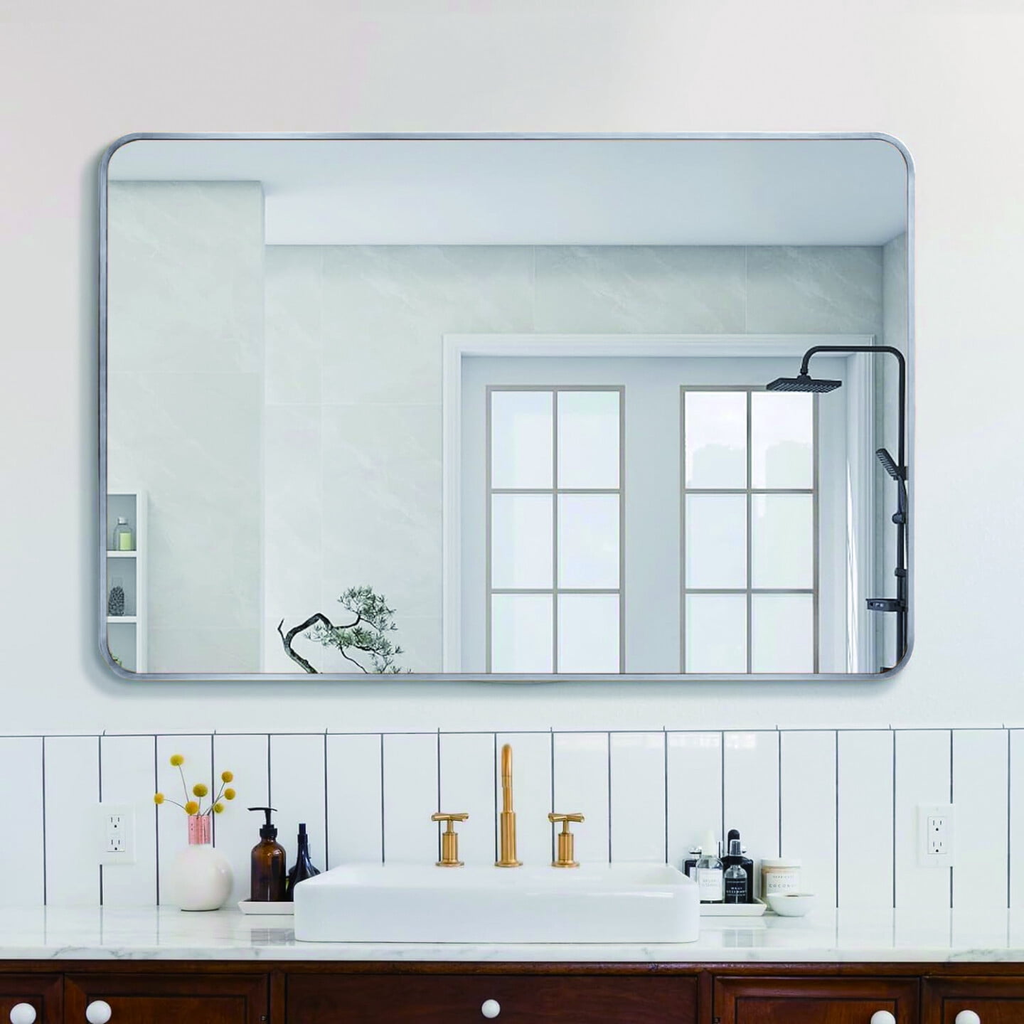 30x40 Inch Silver Metal Framed Shatter Resistant Bathroom Mirror with ...