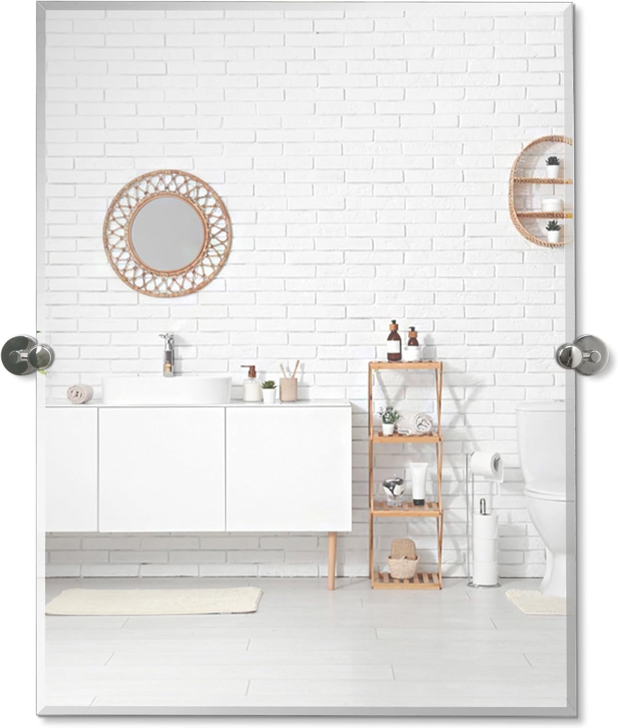 30x40 inch Frameless Pivot Mirrors for Bathrooms with Polished Chrome Rounded Wall Brackets ...