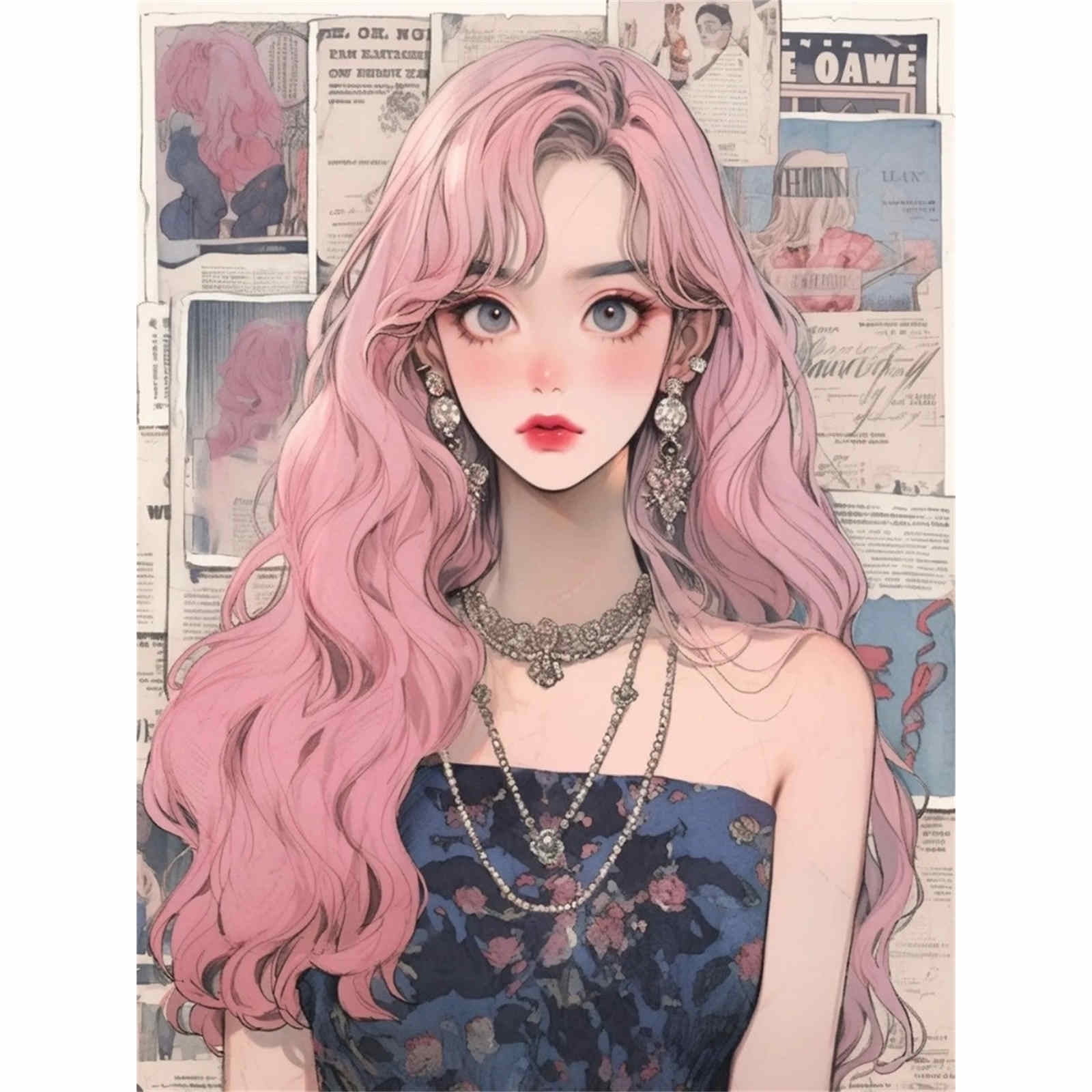 30x40cm/11.8x15.75in 5D Full Drill Pink-Haired Vintage Anime Girl ...