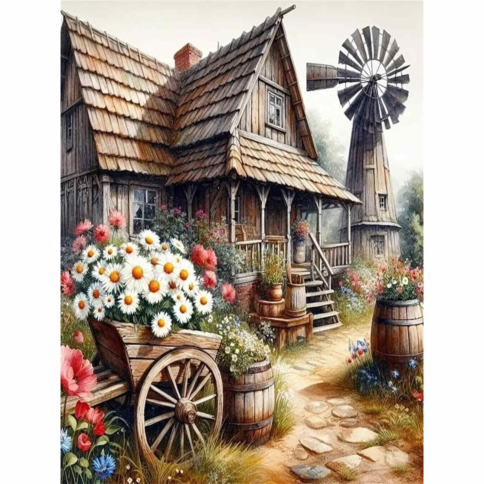 30x40cm/11.8x15.75in Rustic Cottage with Flower Cart & Windmill 5D DIY ...