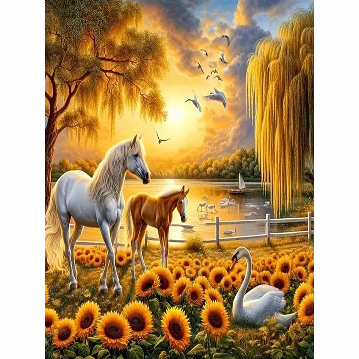 30x40cm/11.8x15.75in White & Chestnut Horses in Sunflower Field at ...
