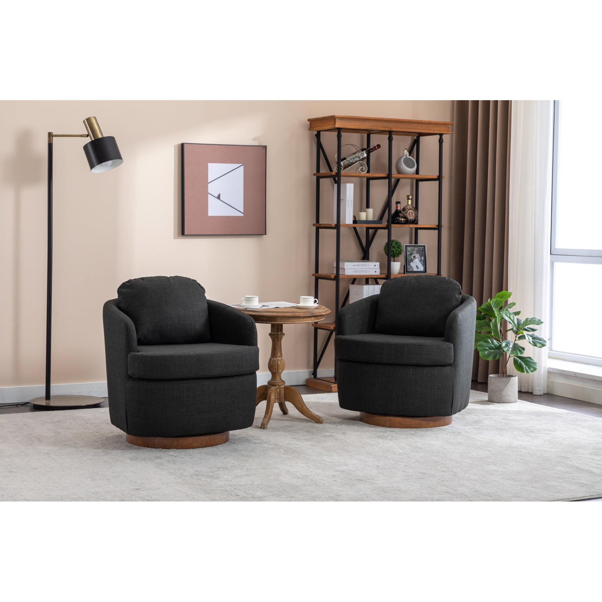 31.02 In. Depth Dark Gray Linen Swivel Chair With Solid Wood Base For ...