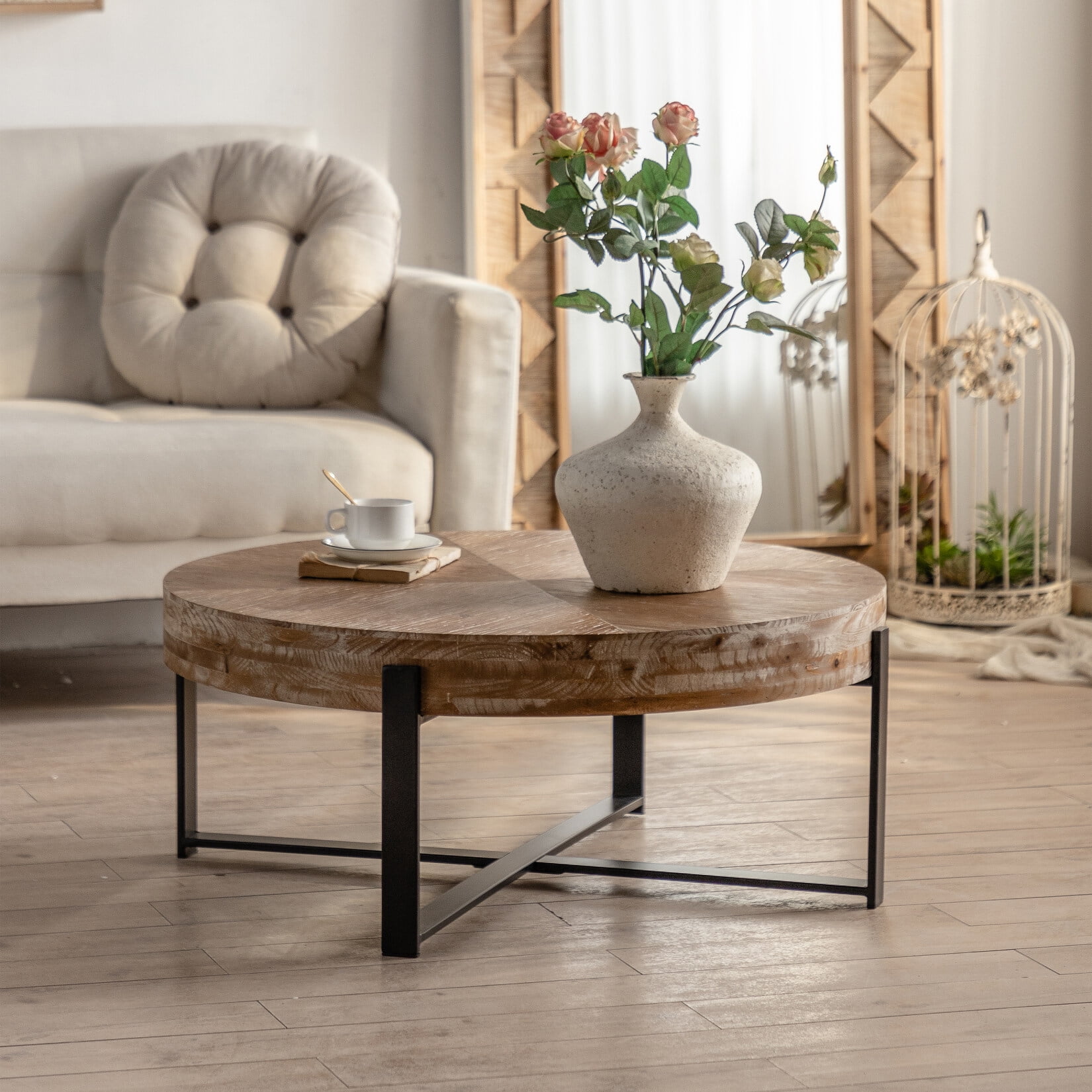 31.29" Coffee Tables, Retro Splicing Round Living Room Table, Fir Wood ...