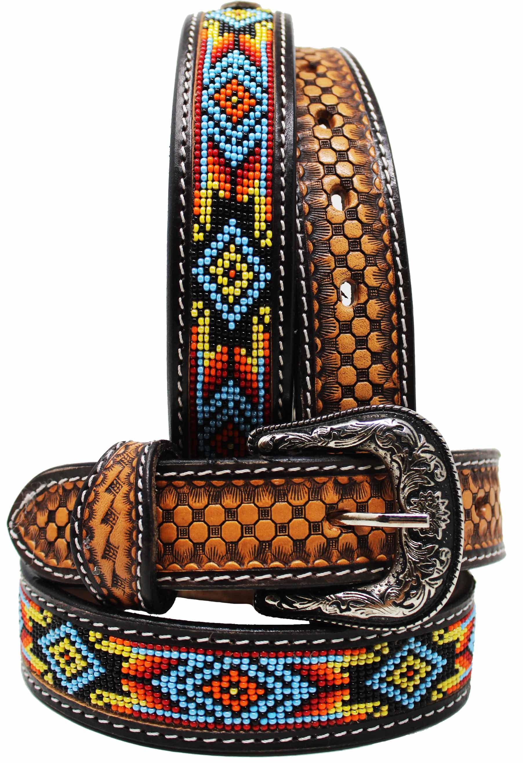 31-32 Kids Youth Western Rodeo Floral Tooled Beaded Leather Belt ...