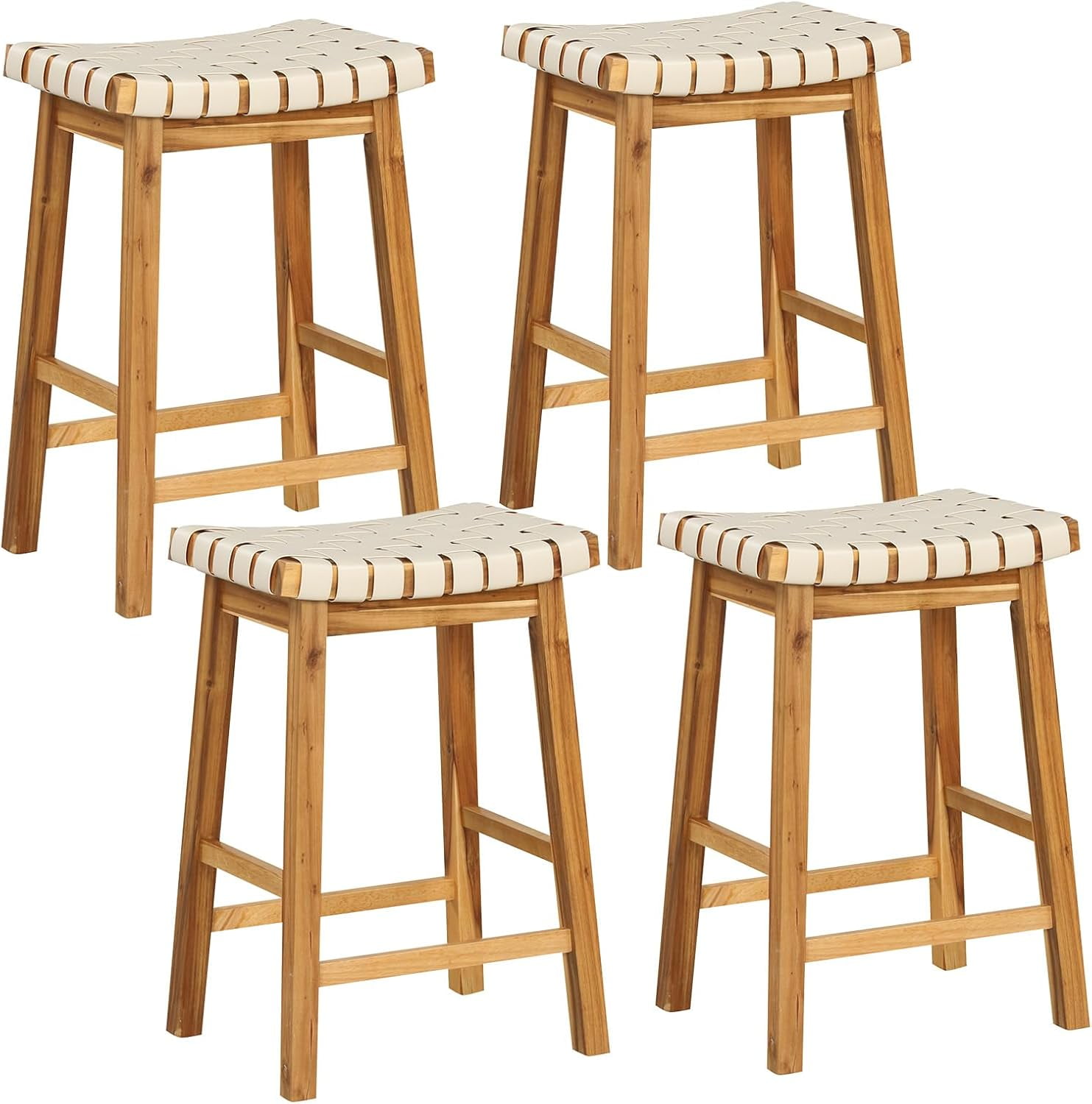 31" Woven Bar Stools Faux PU Leather Bar Height Saddle Stools with ...
