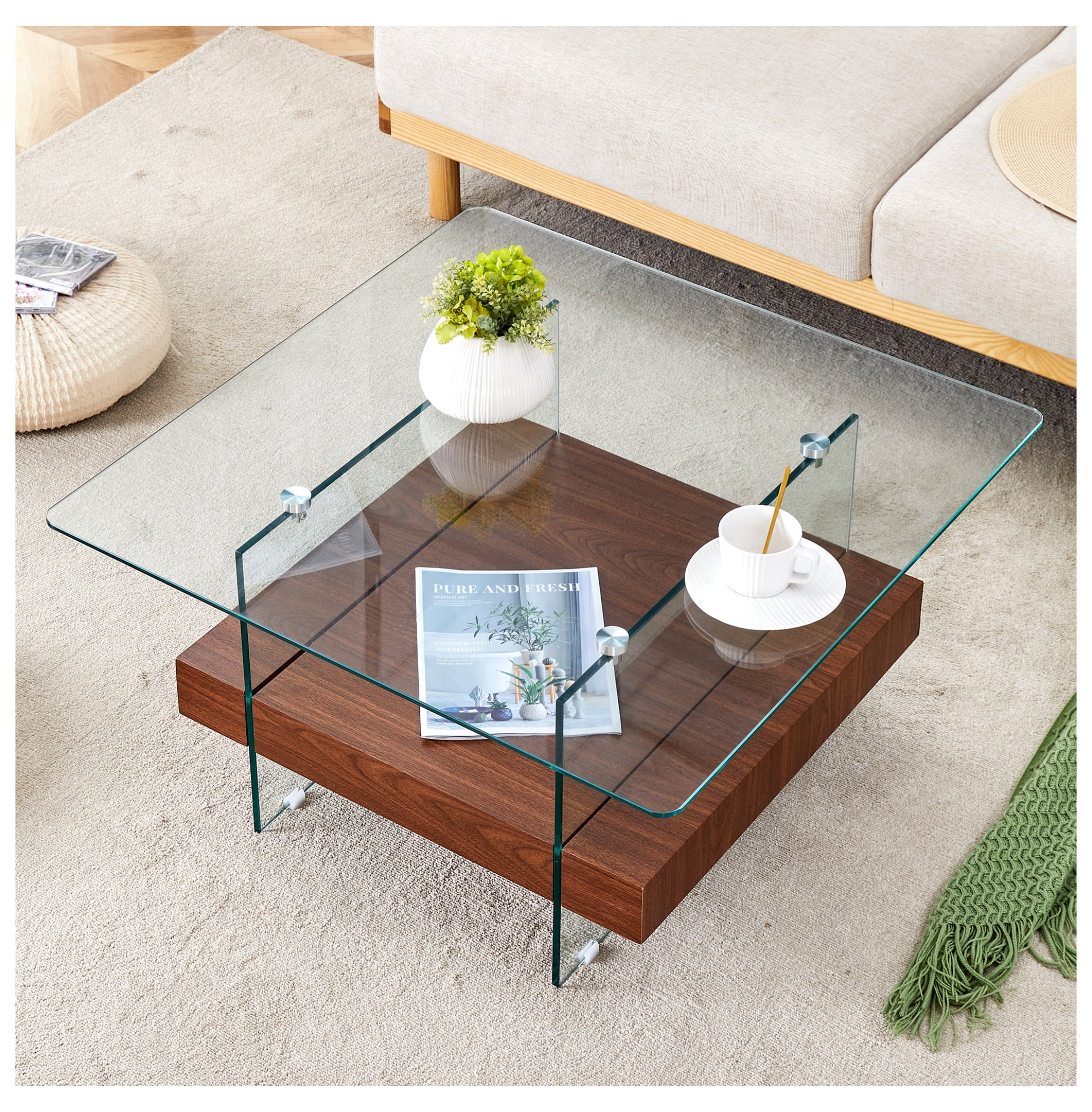 31.4 Inch Coffee Table, Modern Two-Tier Square Table with Glass & Wood ...