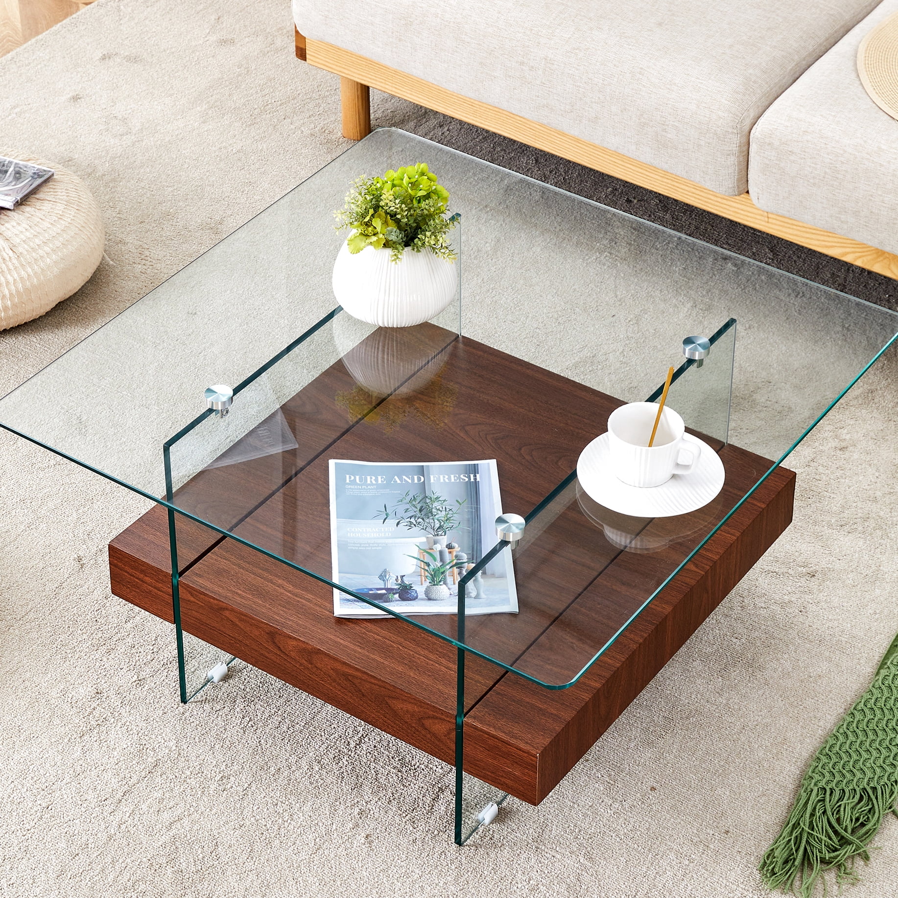 31.4 Inch Coffee Table With Two Layers - Square, Dark Wood Texture ...