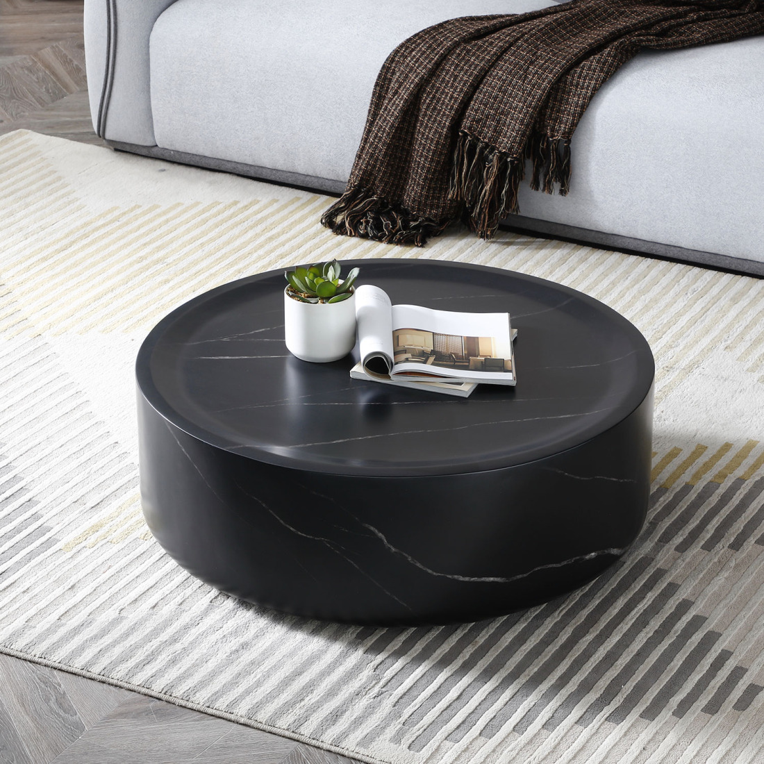 31.49'' Round Coffee Table with Marble Texture, Modern Drum Circle ...