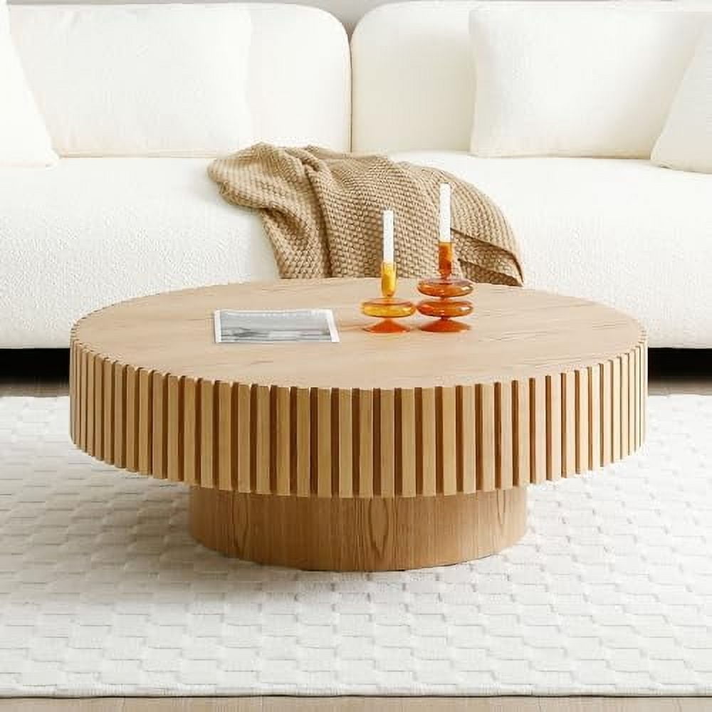 31.49" Round Coffee Table Wood, Modern Unique Oak Circle Coffee Table, Contemporary Fluted ...