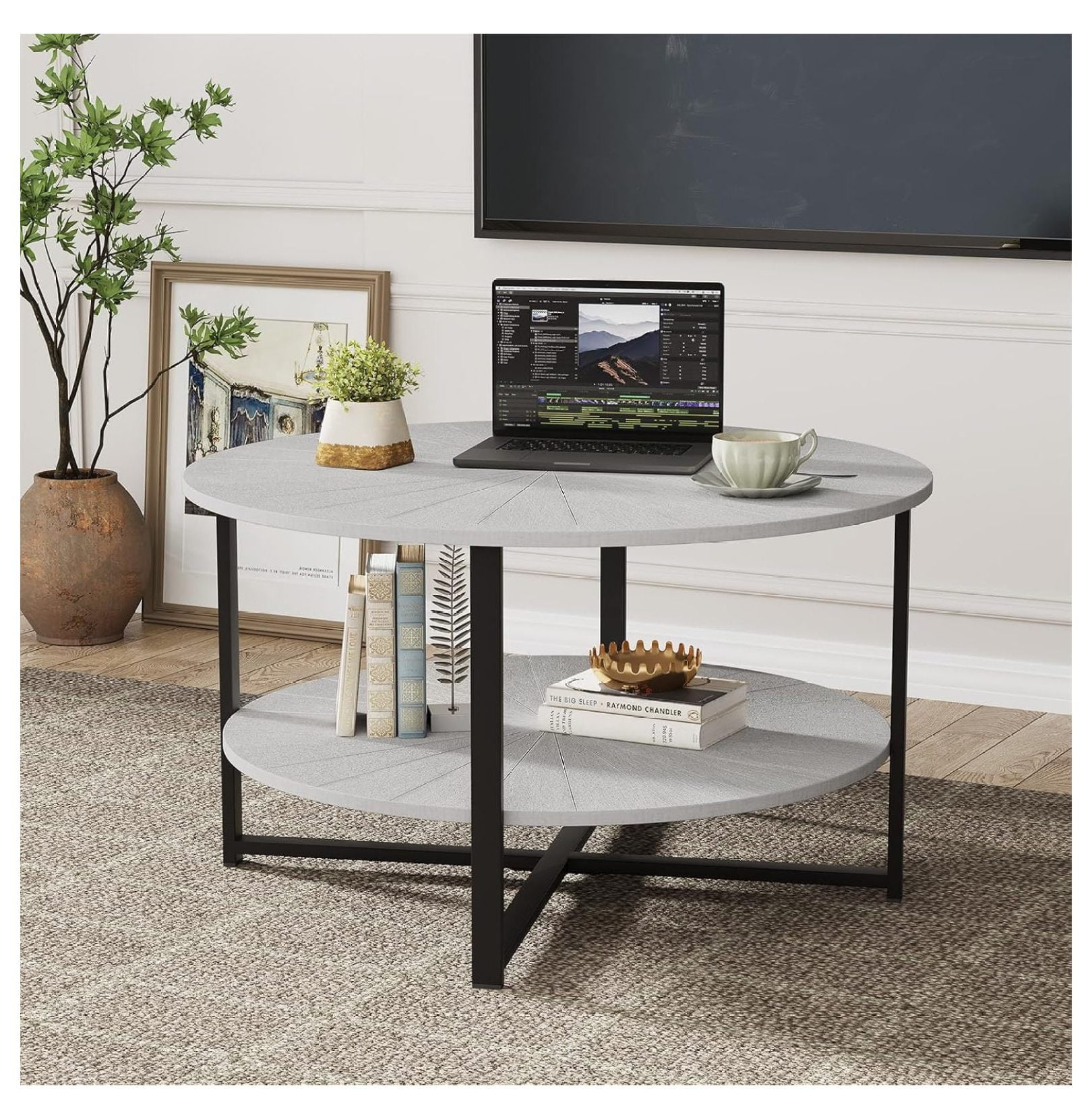 31.49 inch Round Coffee Table with 2-Tier Storage, Farmhouse Living ...