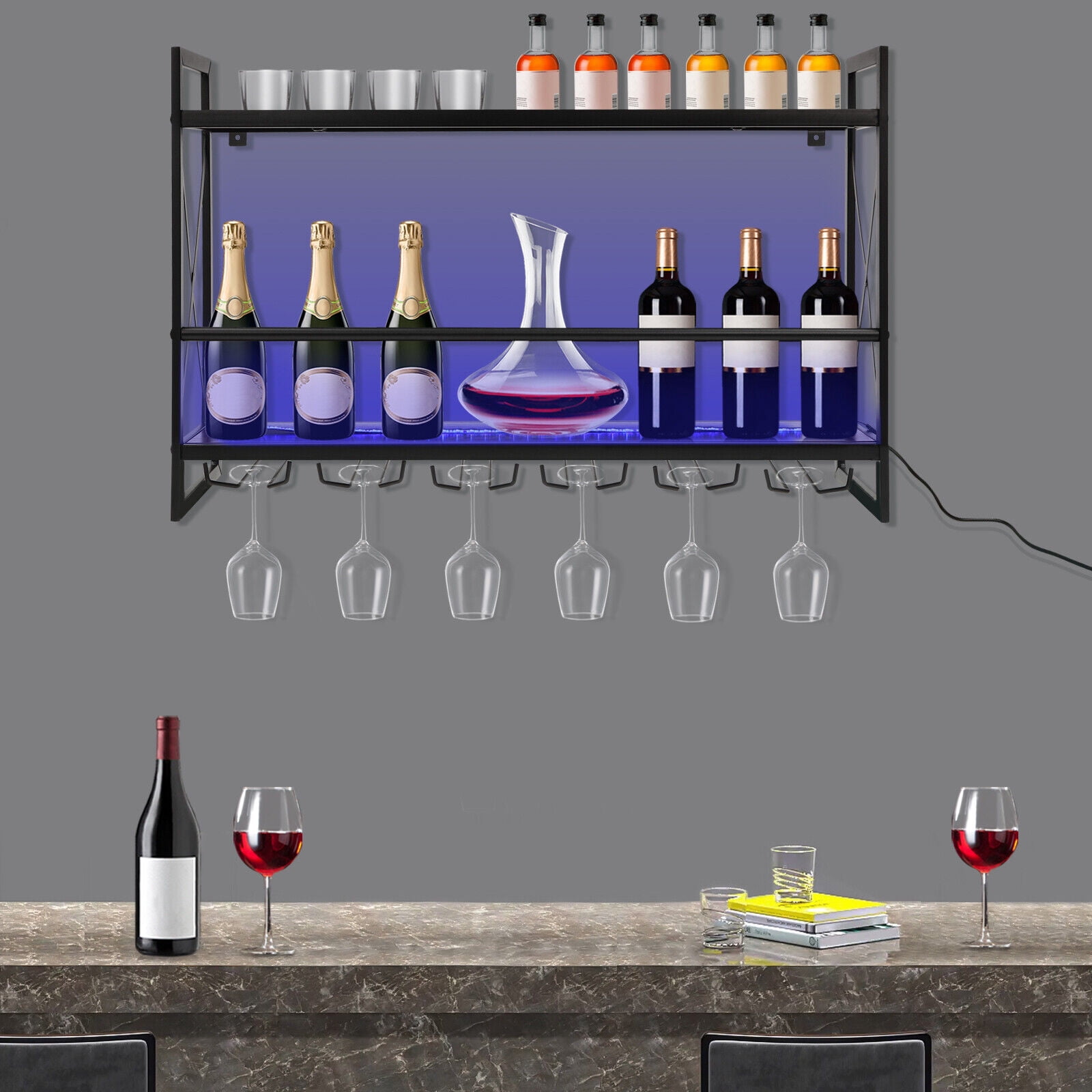 31.5" 2 Tiers LED Wall Mounted Wine Rack Remote Control & 6 Tube Wine ...