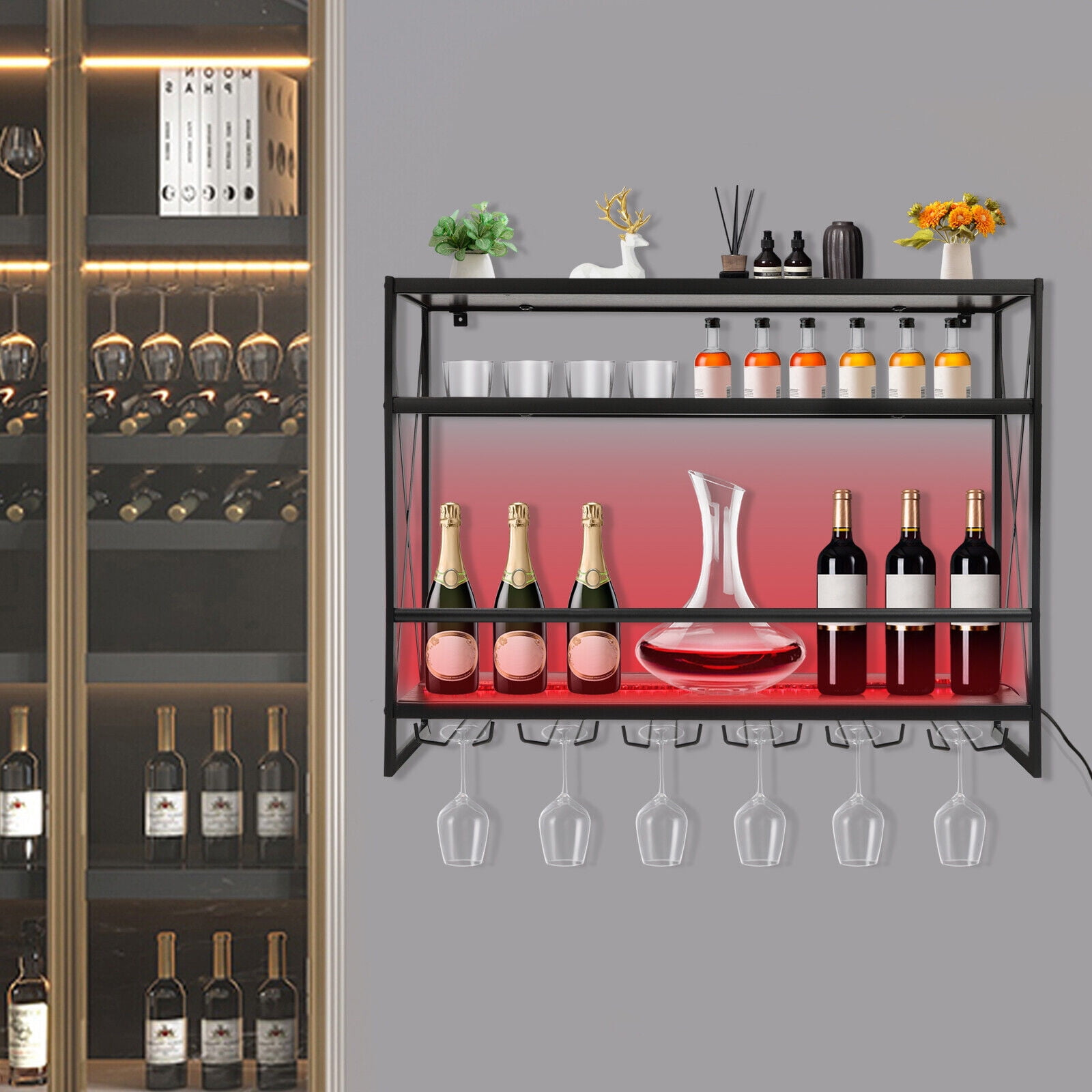 31.5" 3 Tiers LED Wall Mounted Wine Rack Remote Control & 6 Tube Wine ...