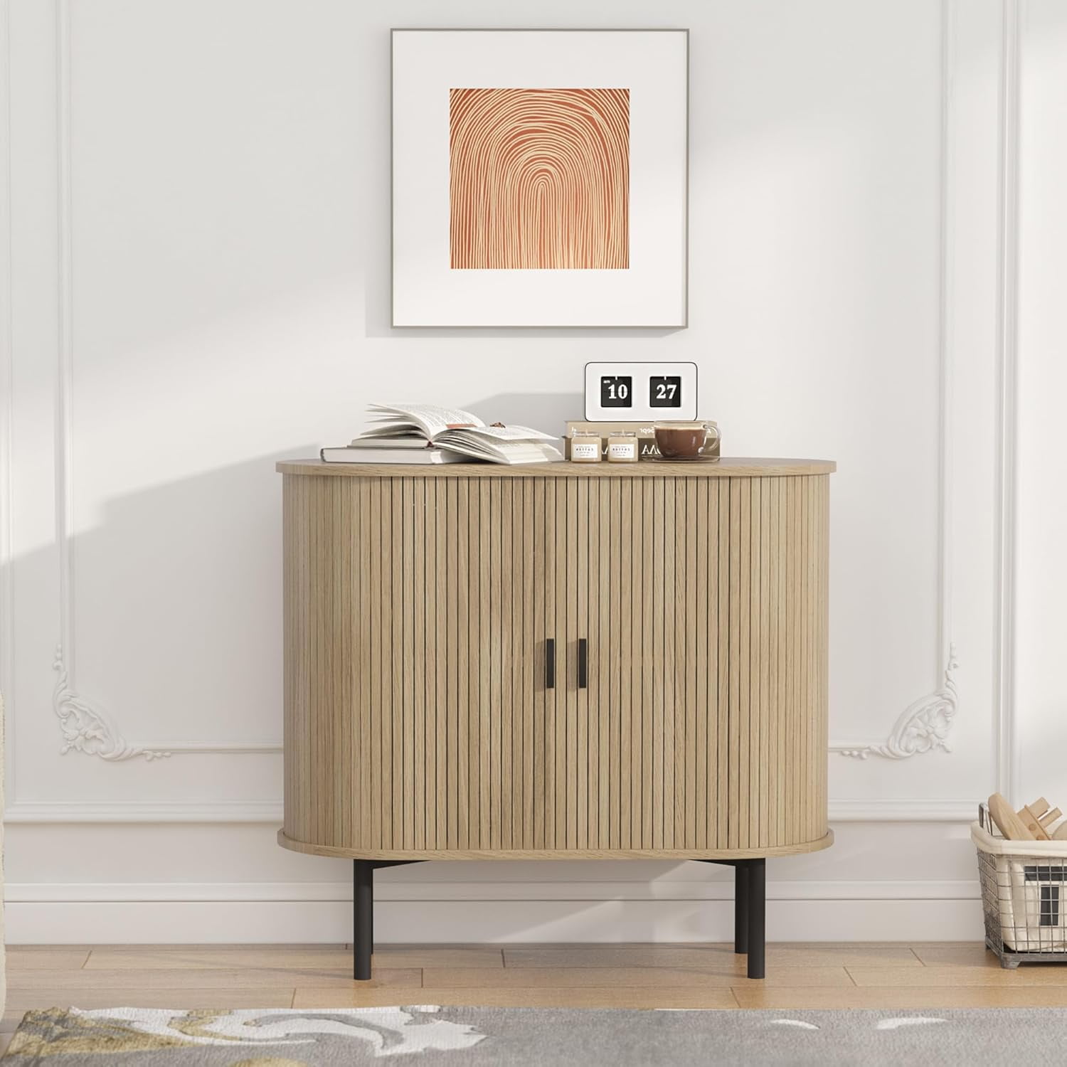 31.5'' Accent Cabinet,Natural Buffet Cabinet with Storage,Fluted Storage Sideboard Cabinet Bar ...