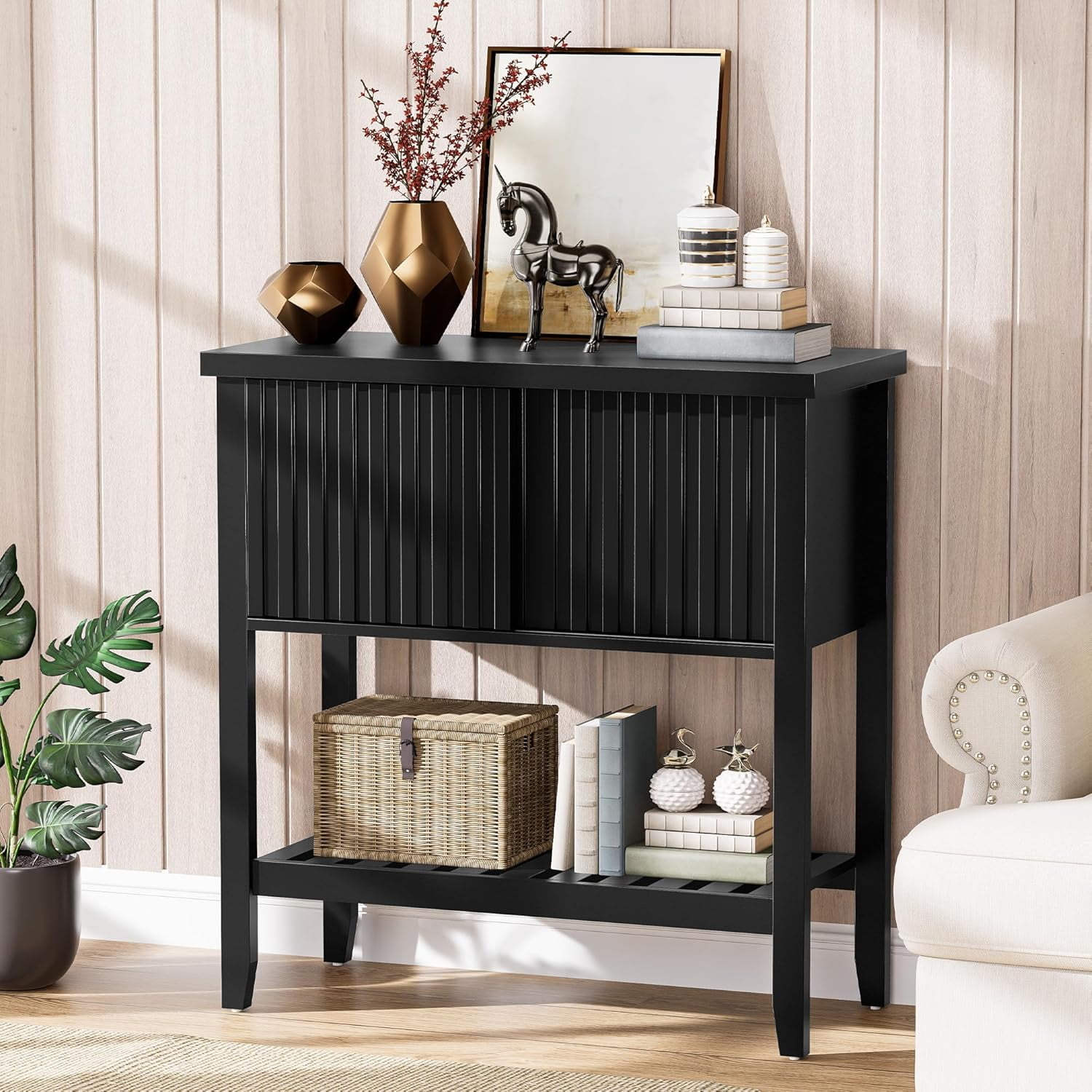 31.5" Black Entryway Console Table with Sliding Drawer Doors, Narrow 2 ...