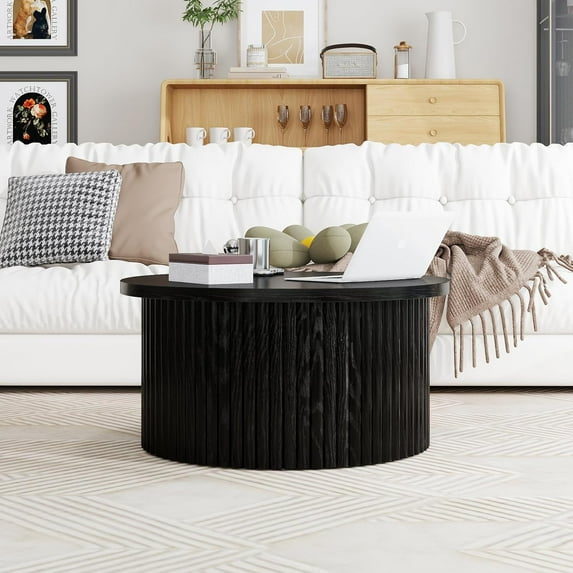 31.5" Black Round Fluted Coffee Table with Storage & Flip Top, Modern ...