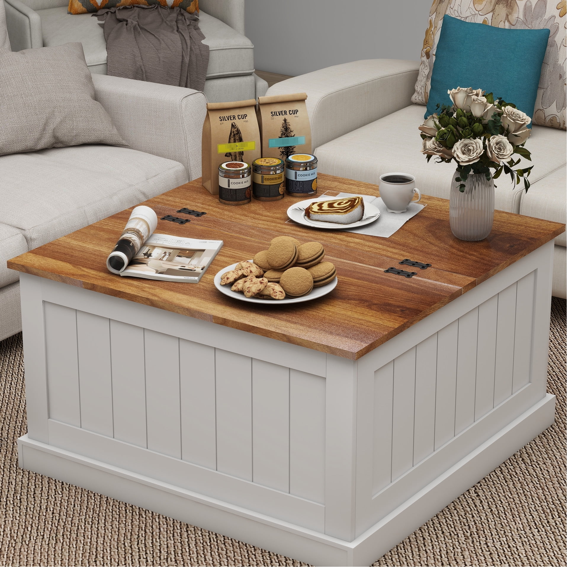 31.5" Coffee Table, White. Square With Hinged Lift Top For Added ...