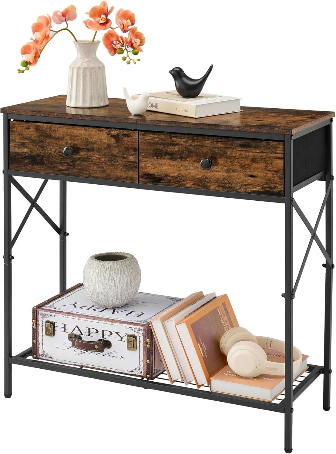 31.5" Console Table with 2 Fabric Drawers, 2-Tier Small Entryway Table ...
