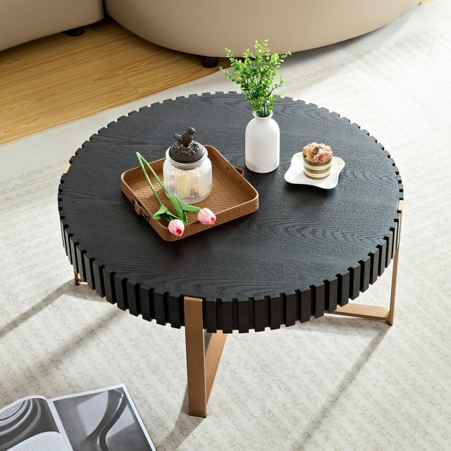 31.5" Drum Coffee Table, Wooden Round Coffee Table for Living Room ...
