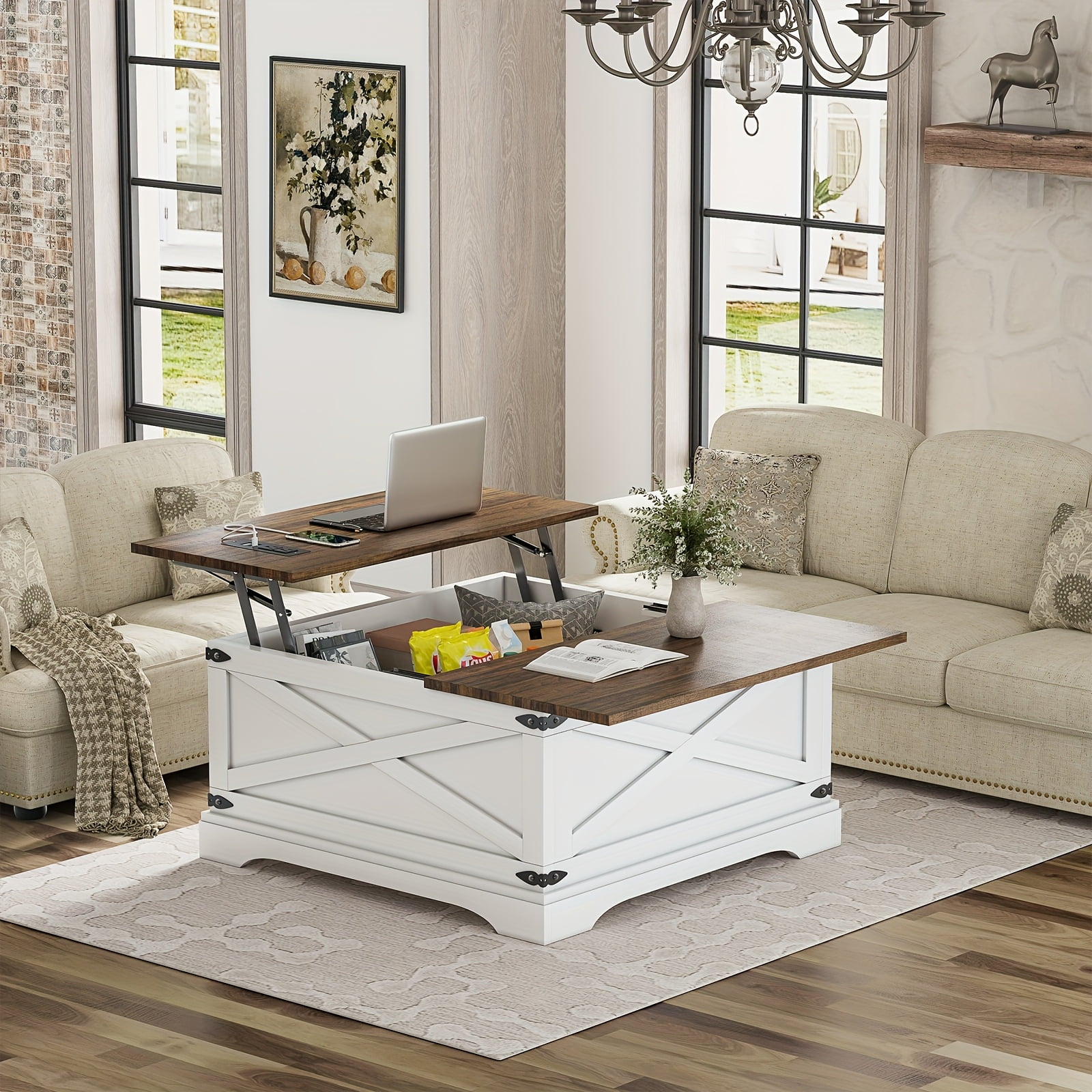 31.5" Farmhouse Lift-Top Coffee Table with Wireless Charging Station ...