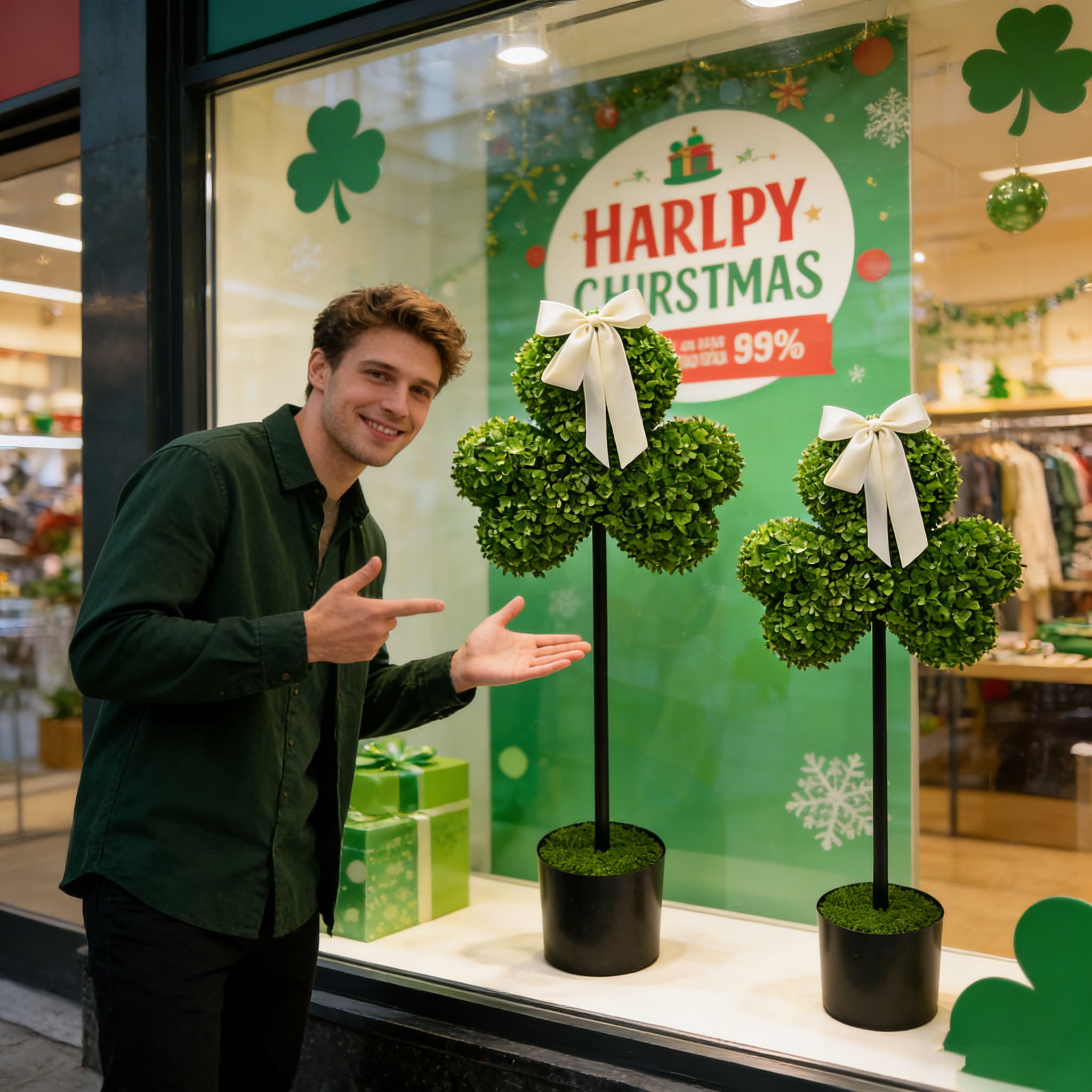 31.5" Faux Shamrock Topiary Tree with Ivory Bowknot – Potted Boxwood ...