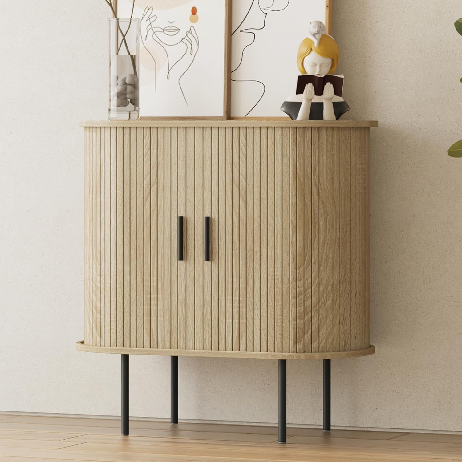 31.5" Fluted Storage Cabinet with Sliding Tambour Doors, Mid Century Modern Oval Buffet ...