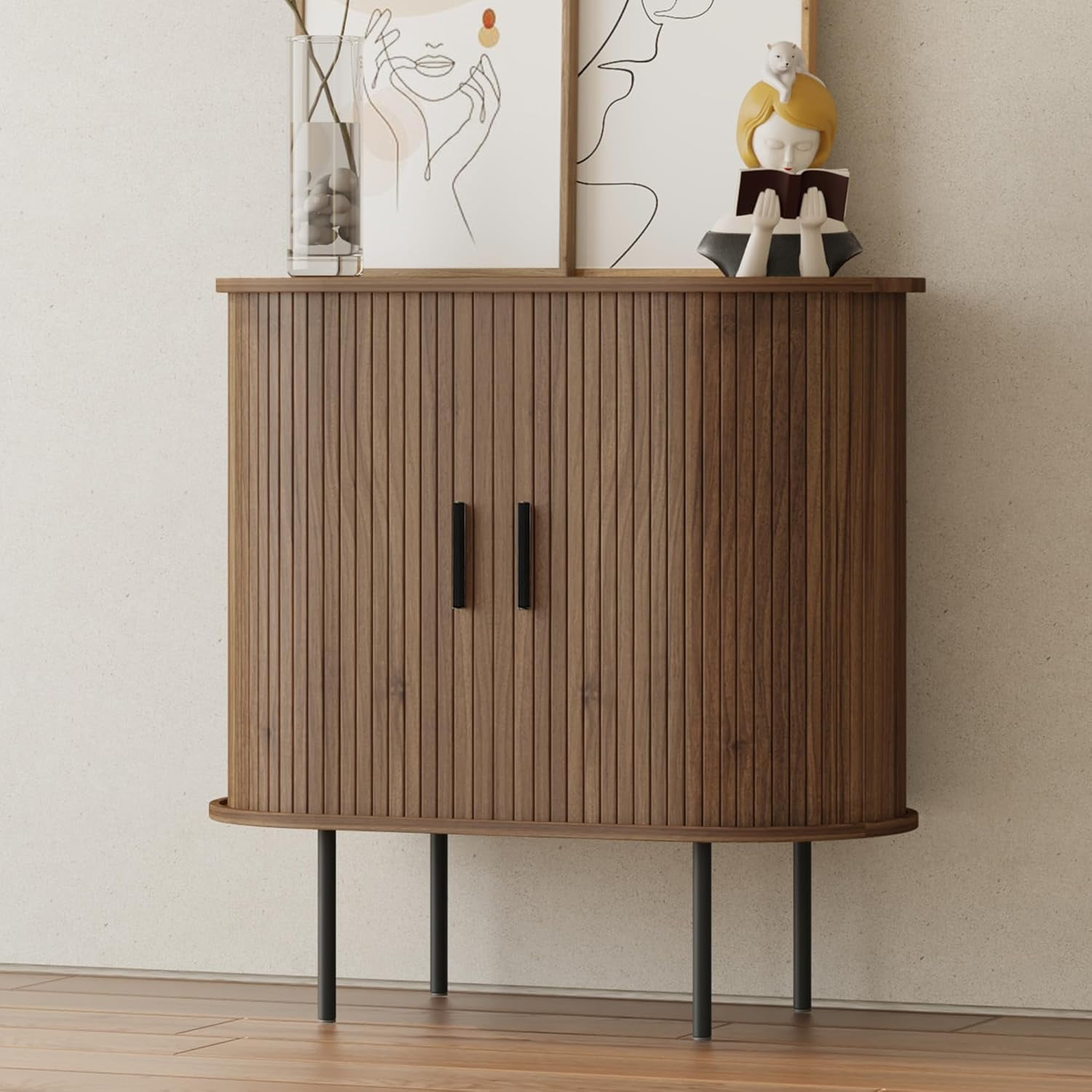 31.5" Fluted Storage Cabinet with Sliding Tambour Doors, Mid Century Modern Oval Buffet ...