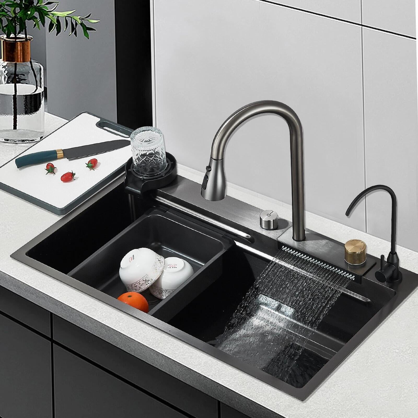 31.5" Flying Rain Stainless Steel Waterfall Kitchen Sink with Faucet ...