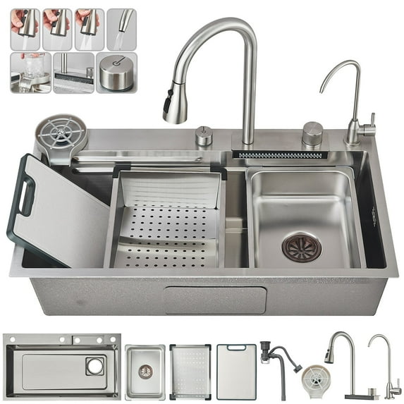 31.5" Flying Rain Waterfall Kitchen Sink Stainless Steel Single Bowl ...