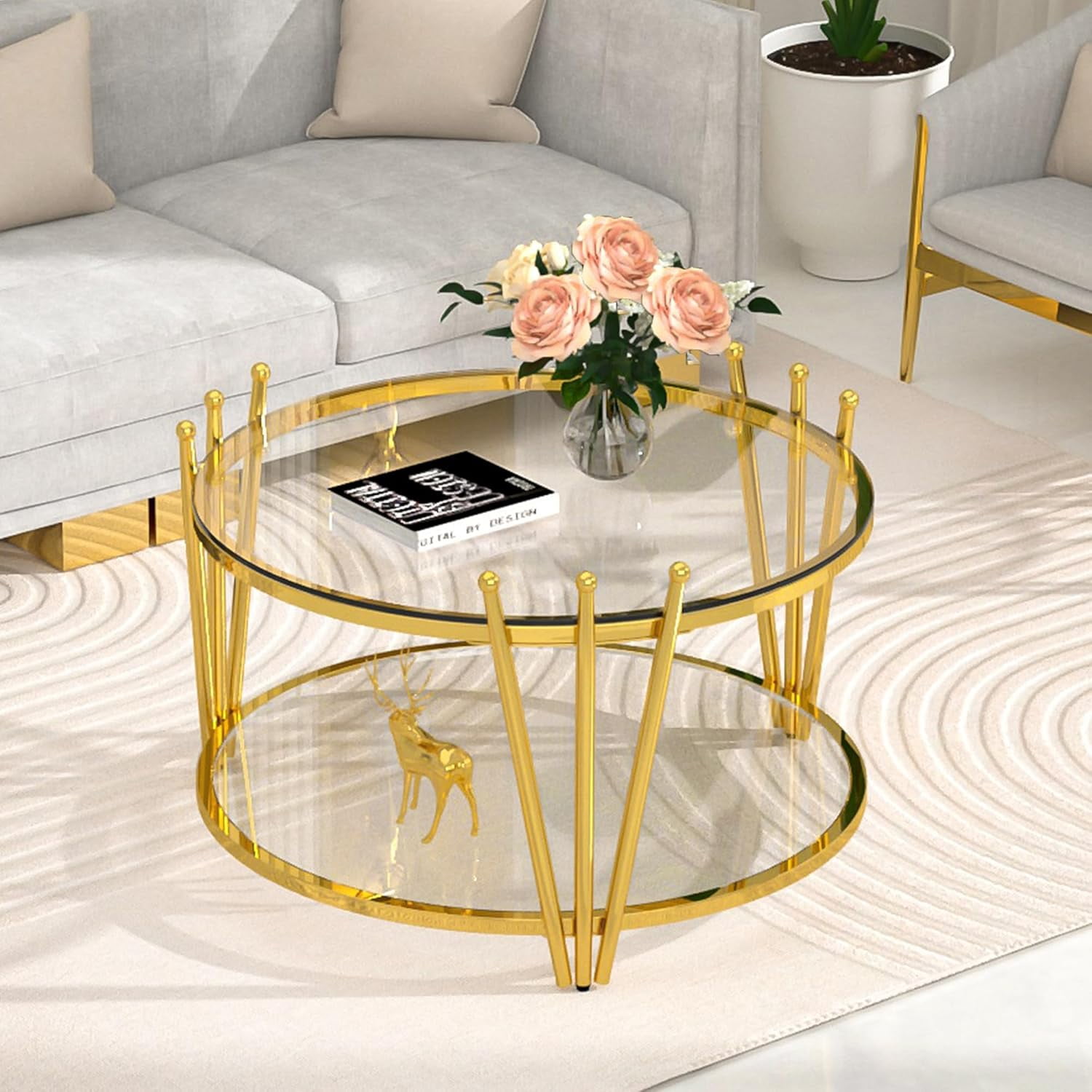 31.5" Gold Glass Coffee Table Round for Living Room, Modern Luxury ...