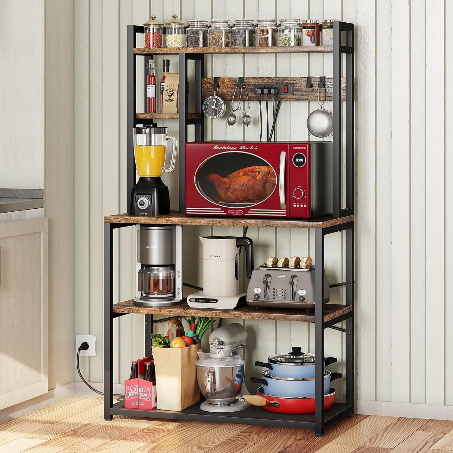 31.5 Inch Bakers Rack with 3 Power Outlets, 5 Tiers Microwave Stand ...