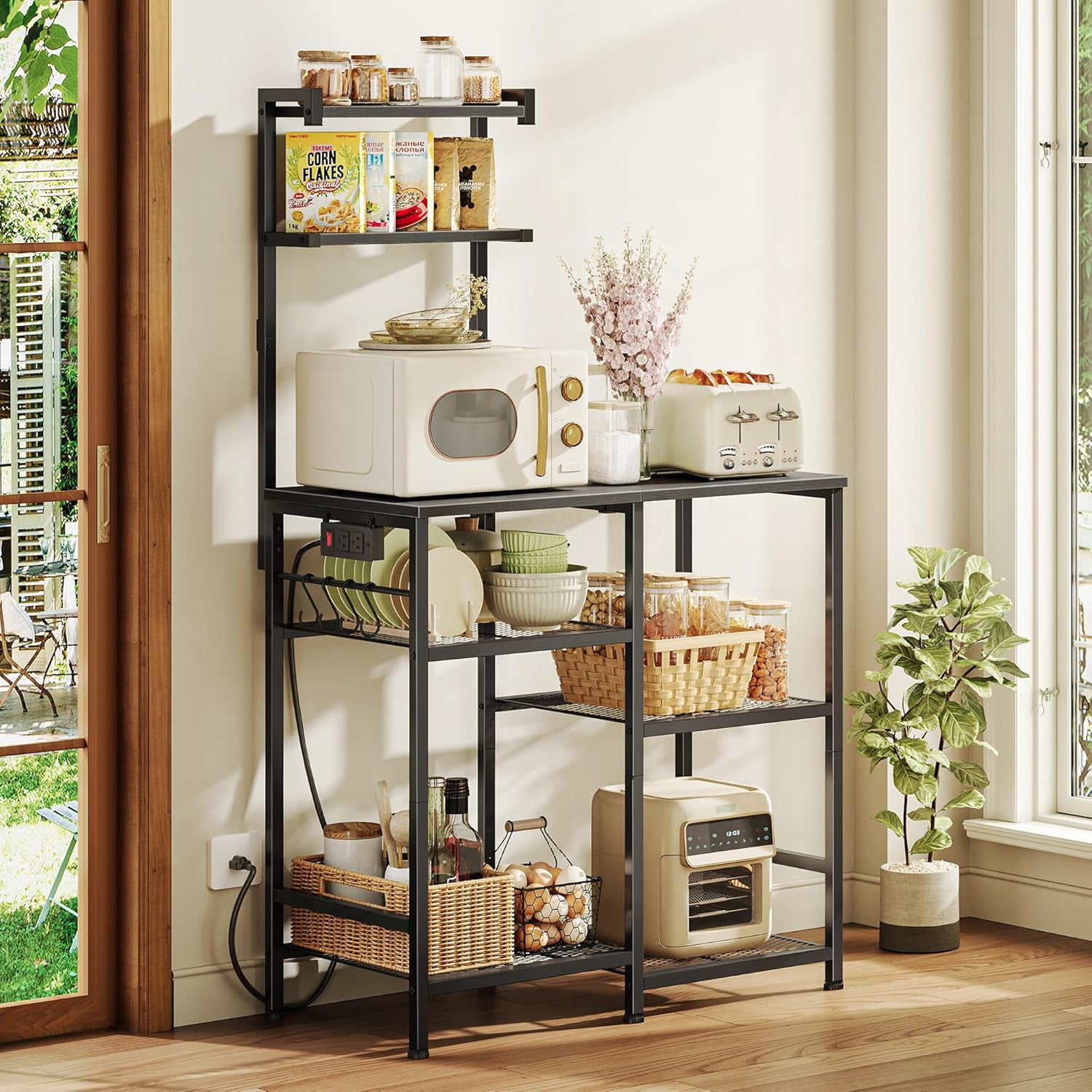 31.5 Inch Bakers Rack with Power Outlets, Kitchen Microwave Stand with ...