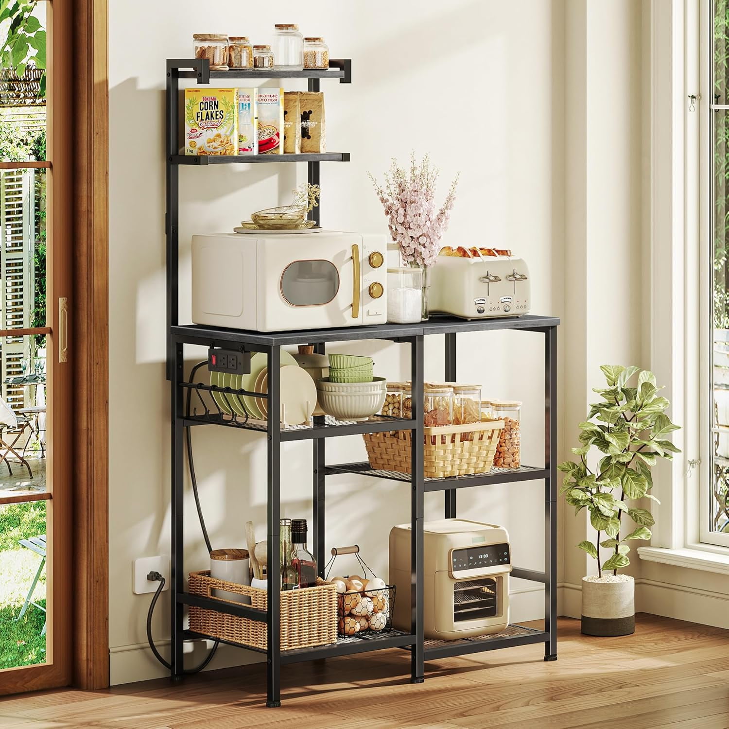 31.5 Inch Bakers Rack with Power Outlets, Kitchen Microwave Stand with ...