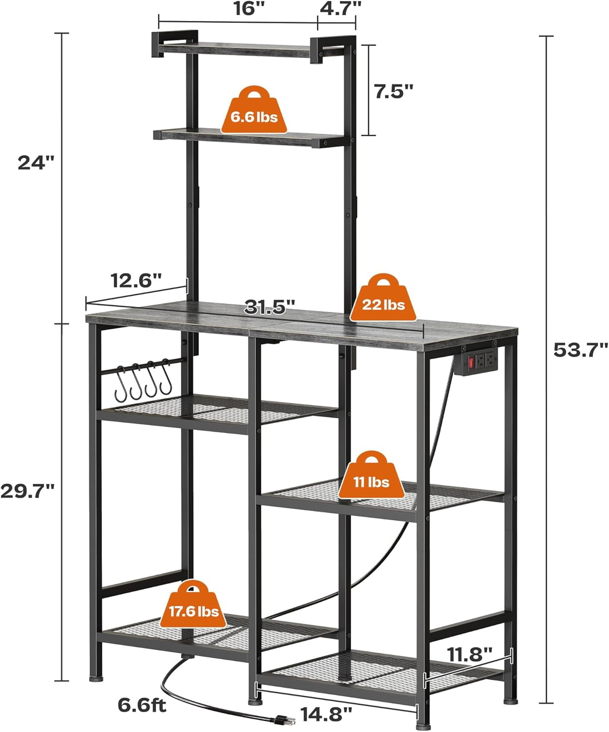 31.5 Inch Bakers Rack with Power Outlets, Kitchen Microwave Stand with ...