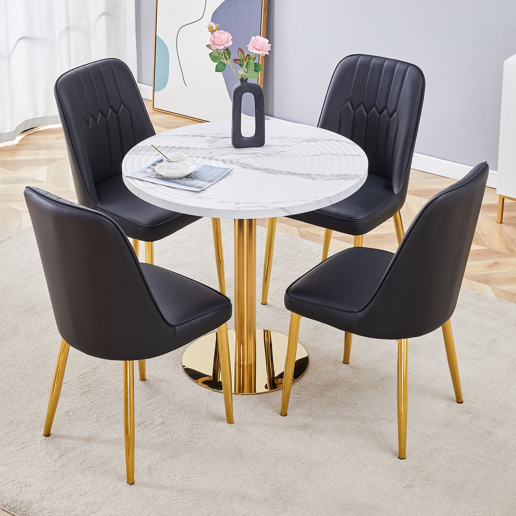 31.5 Inch Elegant White Marble Pattern Round Dining Table Set, Suction ...