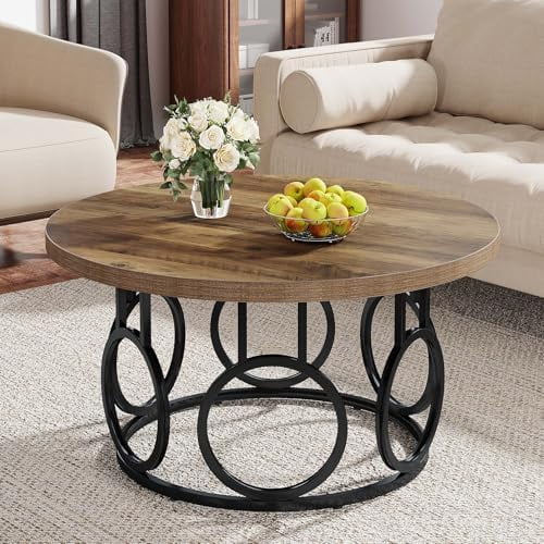 31.5-Inch Round Coffee Table, Industrial Circle Living Room Table, Modern Wooden Accent Center ...